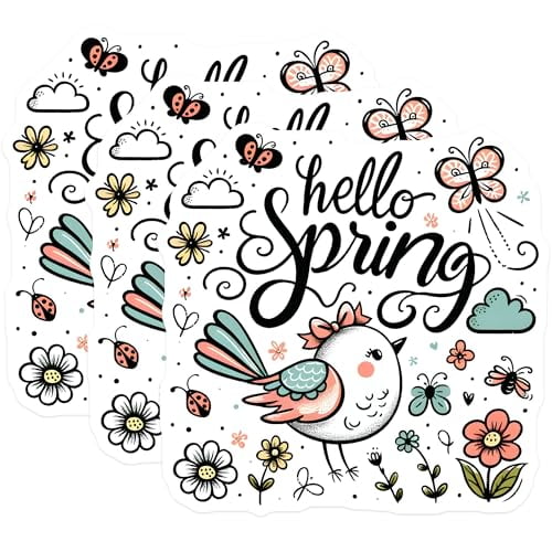 (3 Pack) Hello Spring Decals - Floral Stickers - Bird Laptop Decals - 3 ...