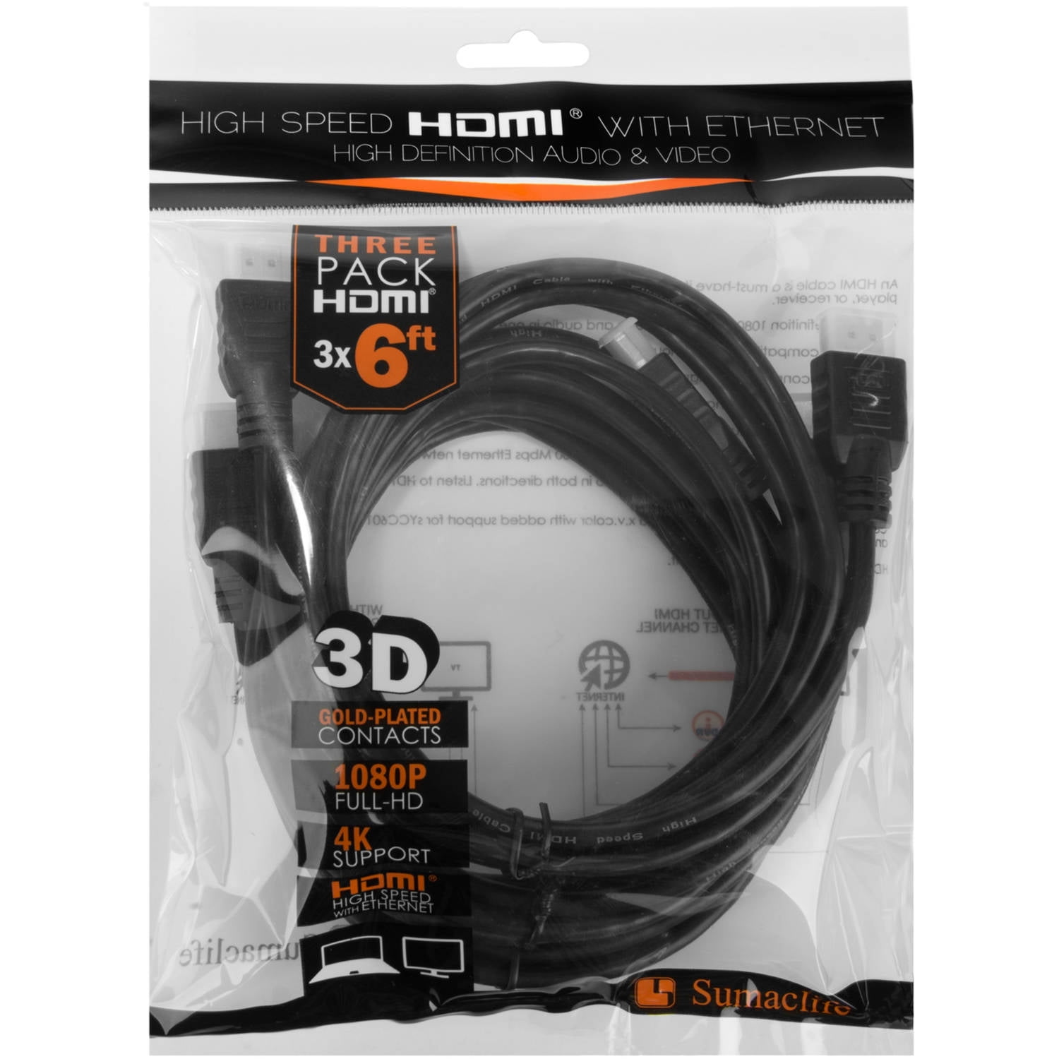 3 Pack High Speed HDMI With Ethernet (High Definition Audio & Video ...
