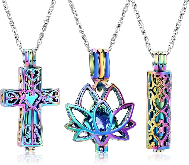 3 Pack Hollow Cremation Urn Necklace for Ashes - Lotus Flower / Cross ...