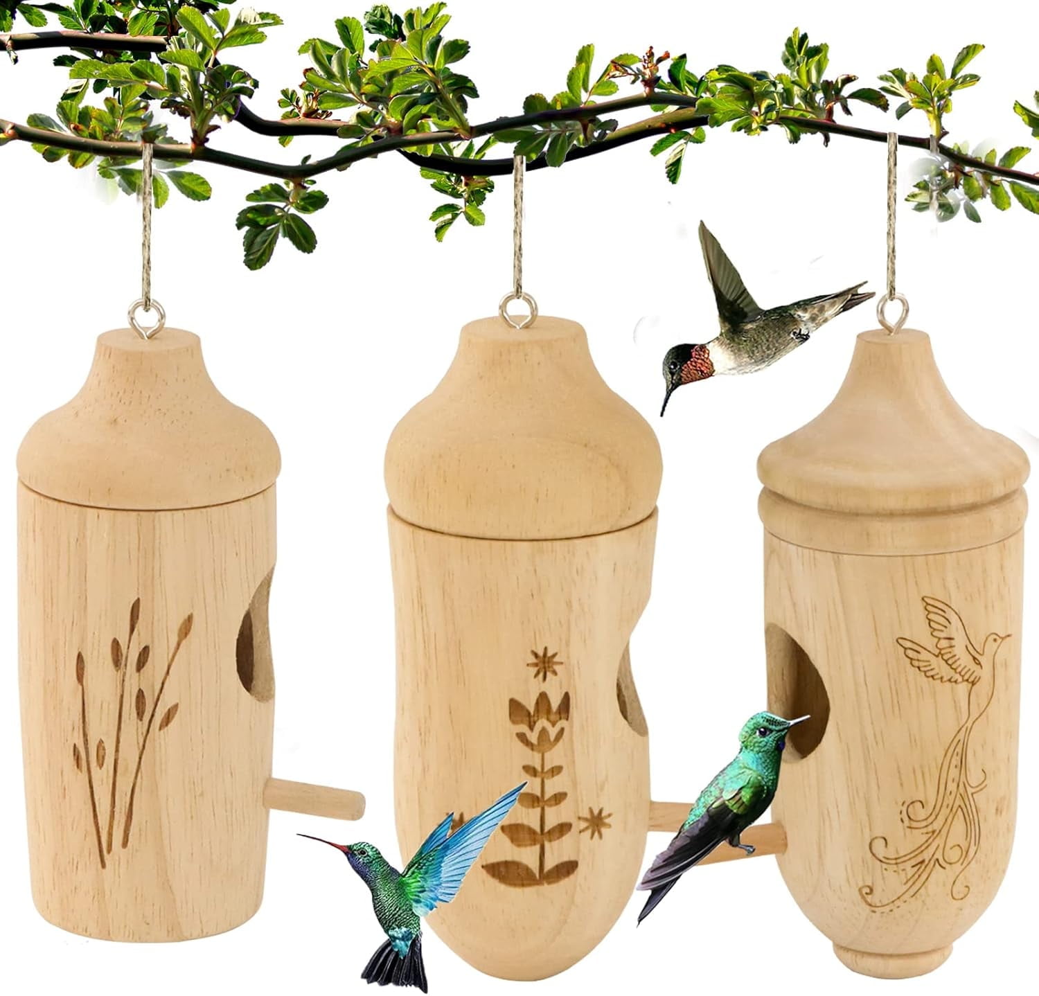 Bevtee 3 Pack Hummingbird Houses, Natural Wooden Nesting Houses ...