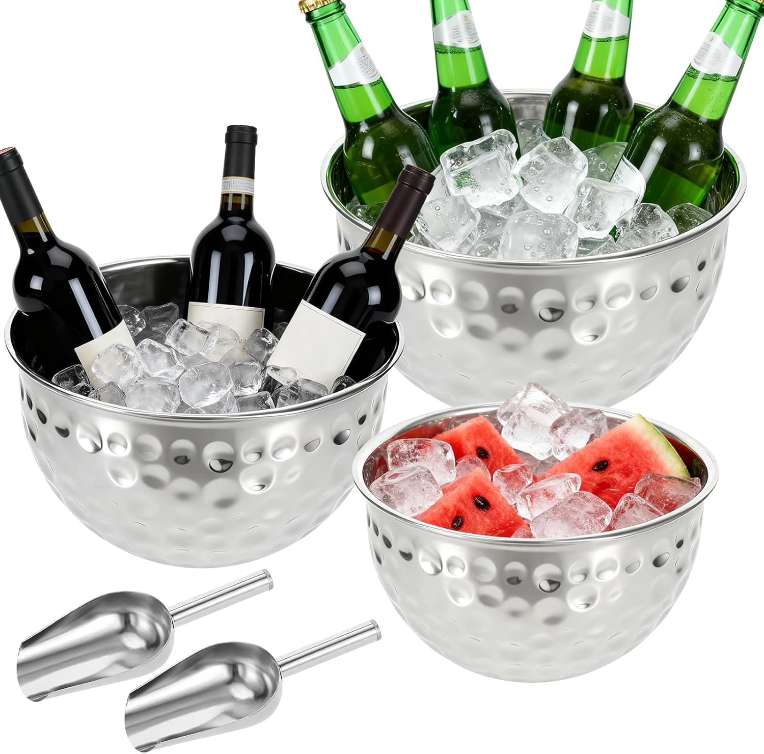 3 Pack Ice Bucket 4.6/6/7.5L Stainless Steel Beverage Tub with 2 Scoop ...