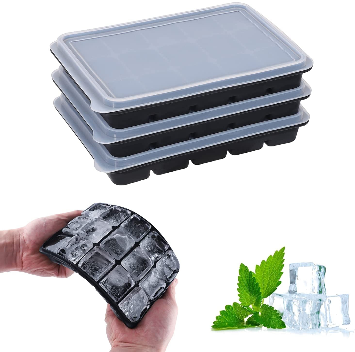 3 Pack Ice Cube Trays, Silicone Ice Cube Molds With Splash Proof Lids ...
