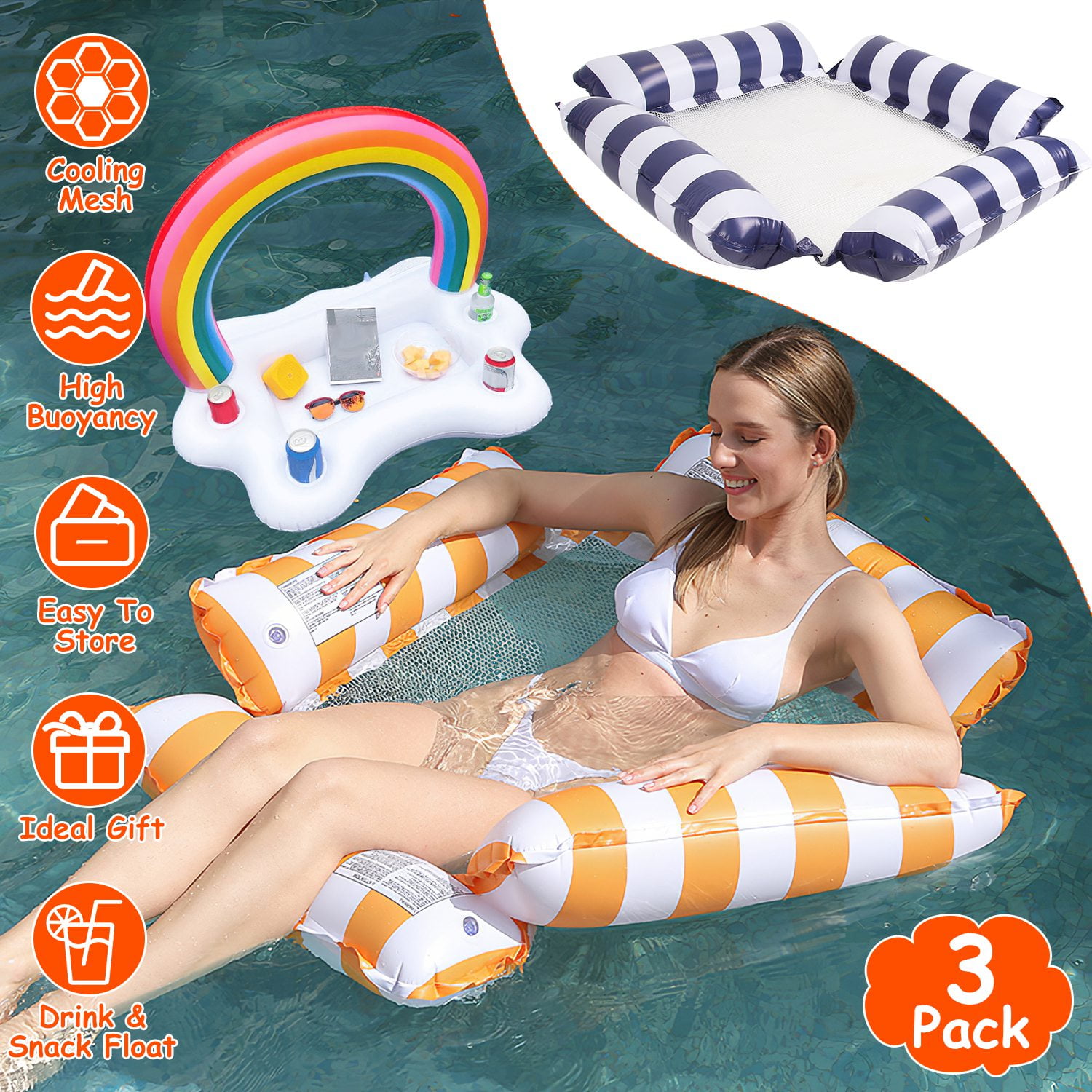 3 Pack Inflatable Adult Pool Float Floating Lounge Chairs with Air Pump PillowsTanning Floats ...
