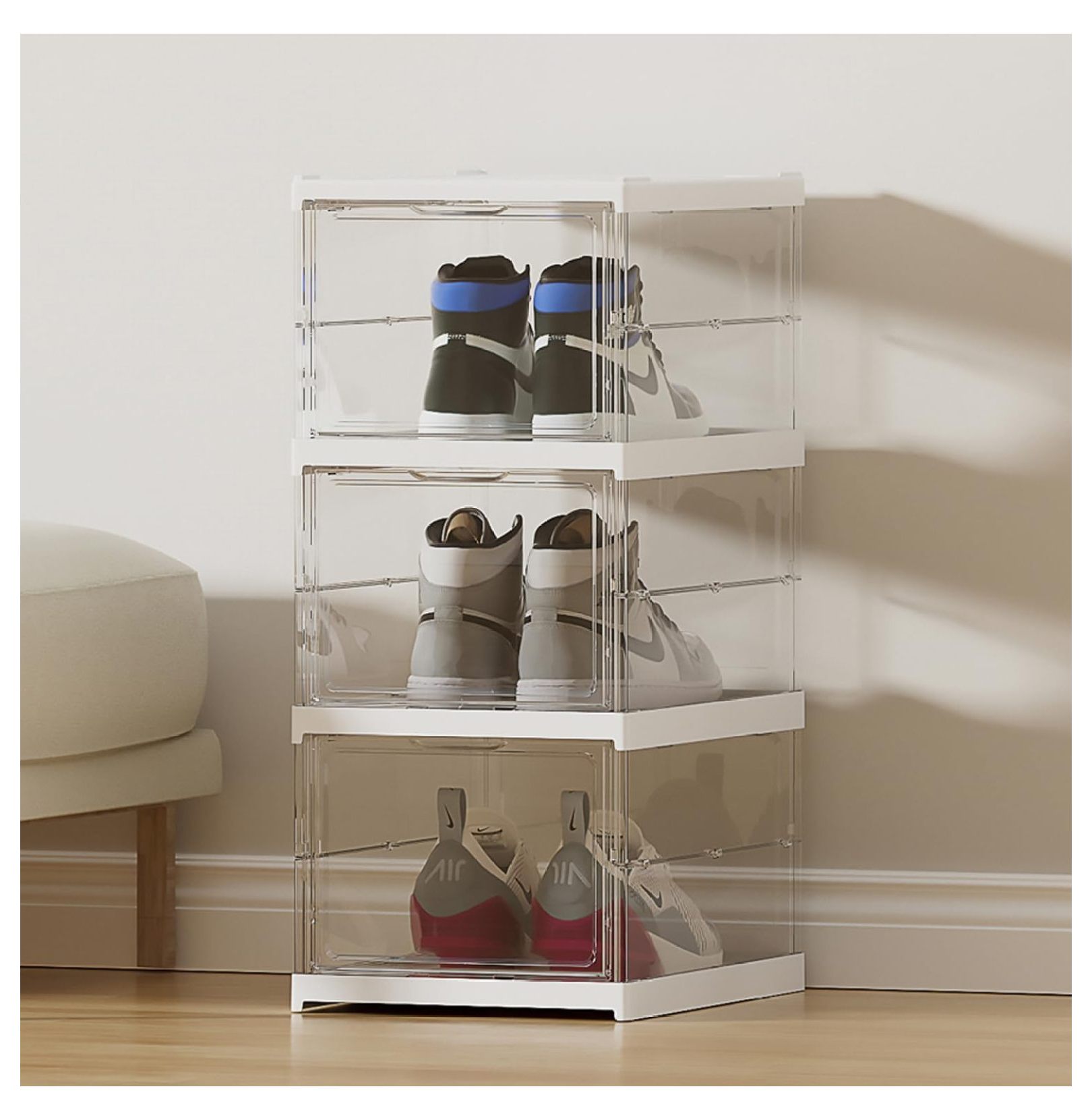 3 Pack Installation- Shoe Storage Box Collapsible Shoe Box Clear ...