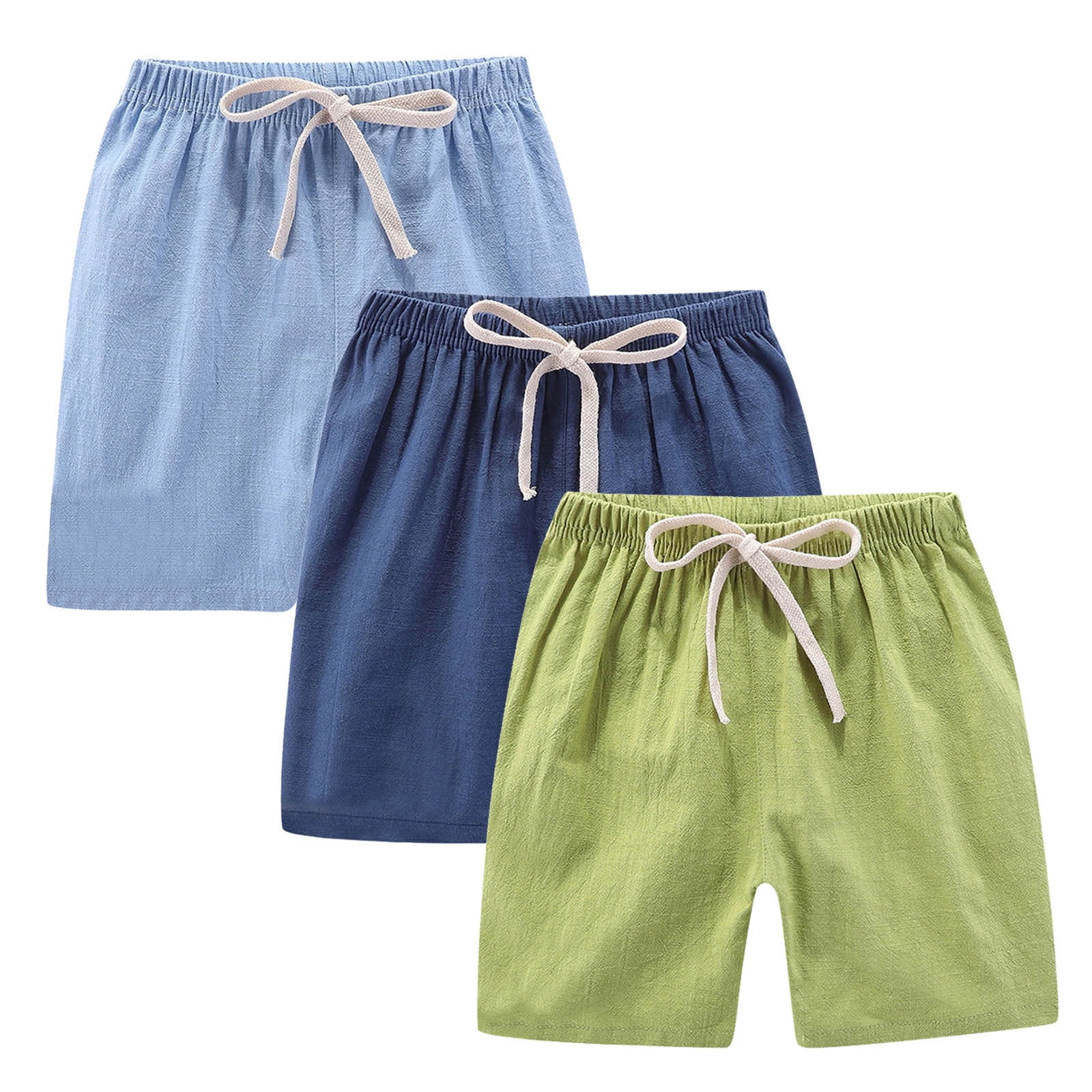 3 Pack Kids Shorts Cotton Linen Drawstring Elastic Waist Solid Color ...