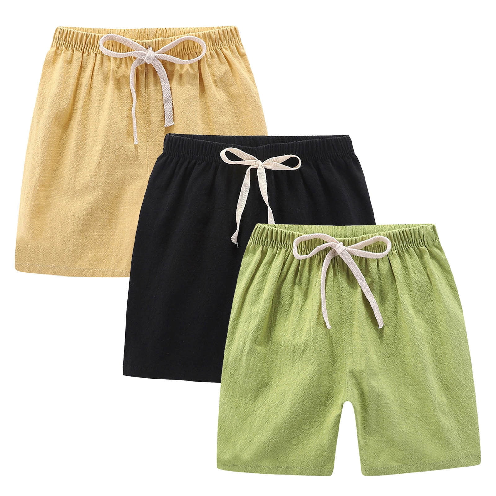 3 Pack Kids Shorts Cotton Linen Drawstring Elastic Waist Solid Color ...