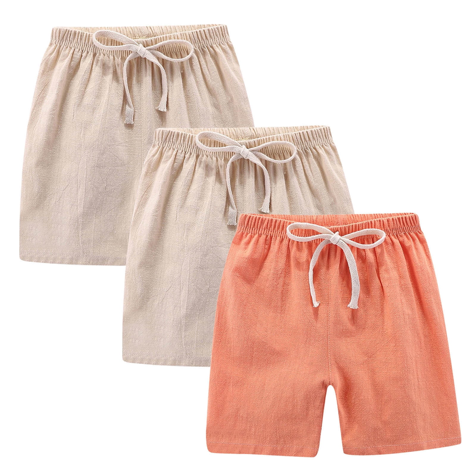 3 Pack Kids Shorts Cotton Linen Drawstring Elastic Waist Solid Color ...