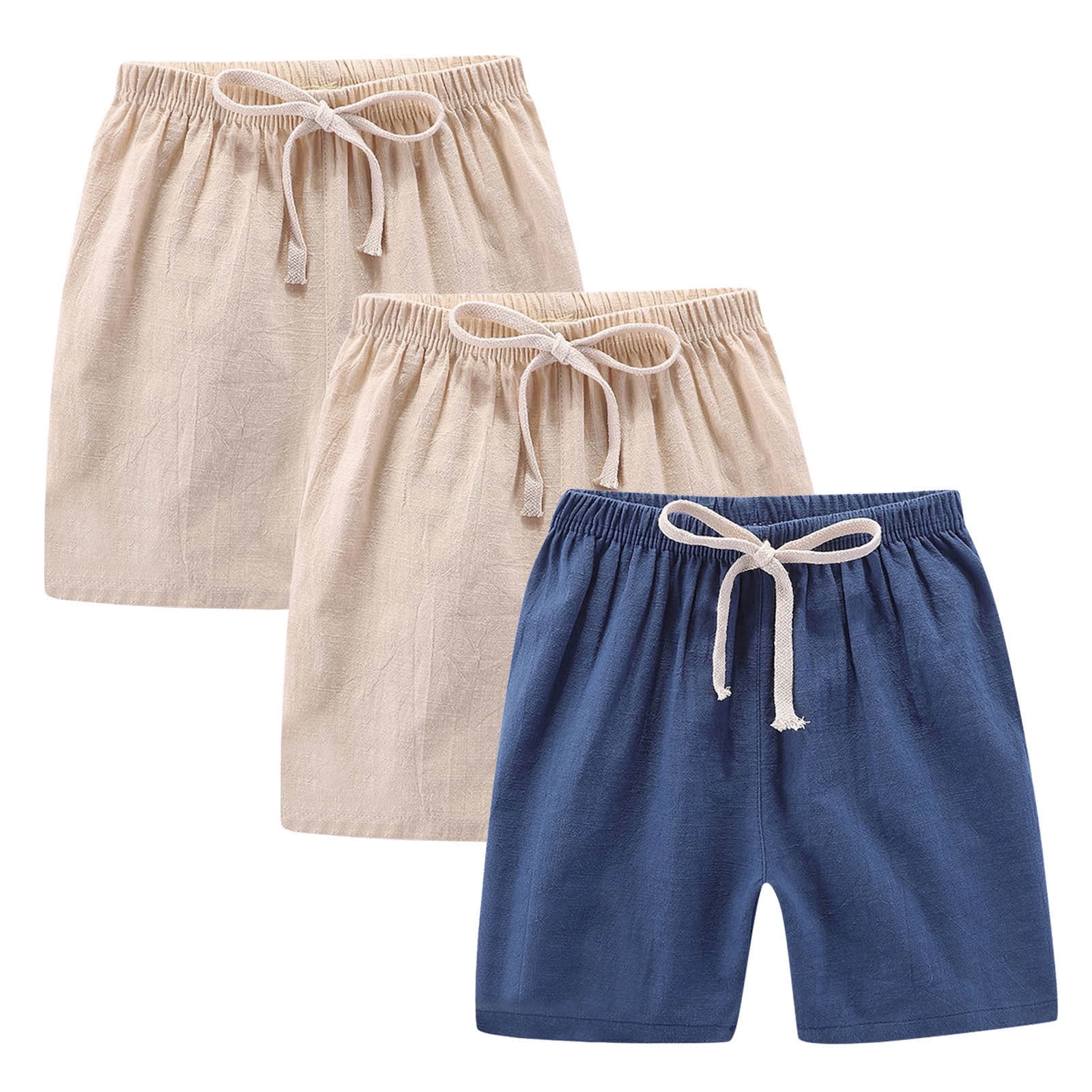 3 Pack Kids Shorts Cotton Linen Drawstring Elastic Waist Solid Color ...