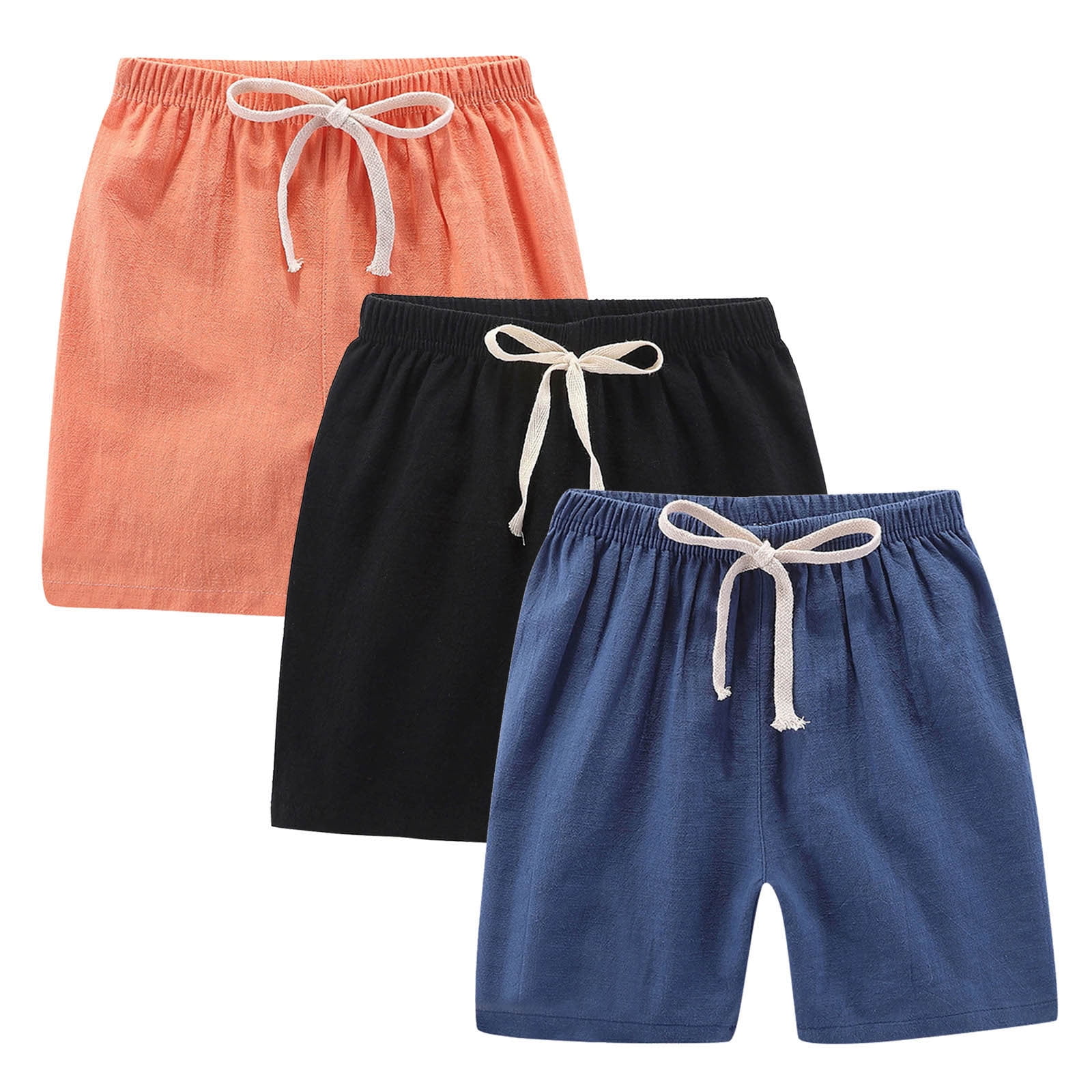 3 Pack Kids Shorts Cotton Linen Drawstring Elastic Waist Solid Color ...