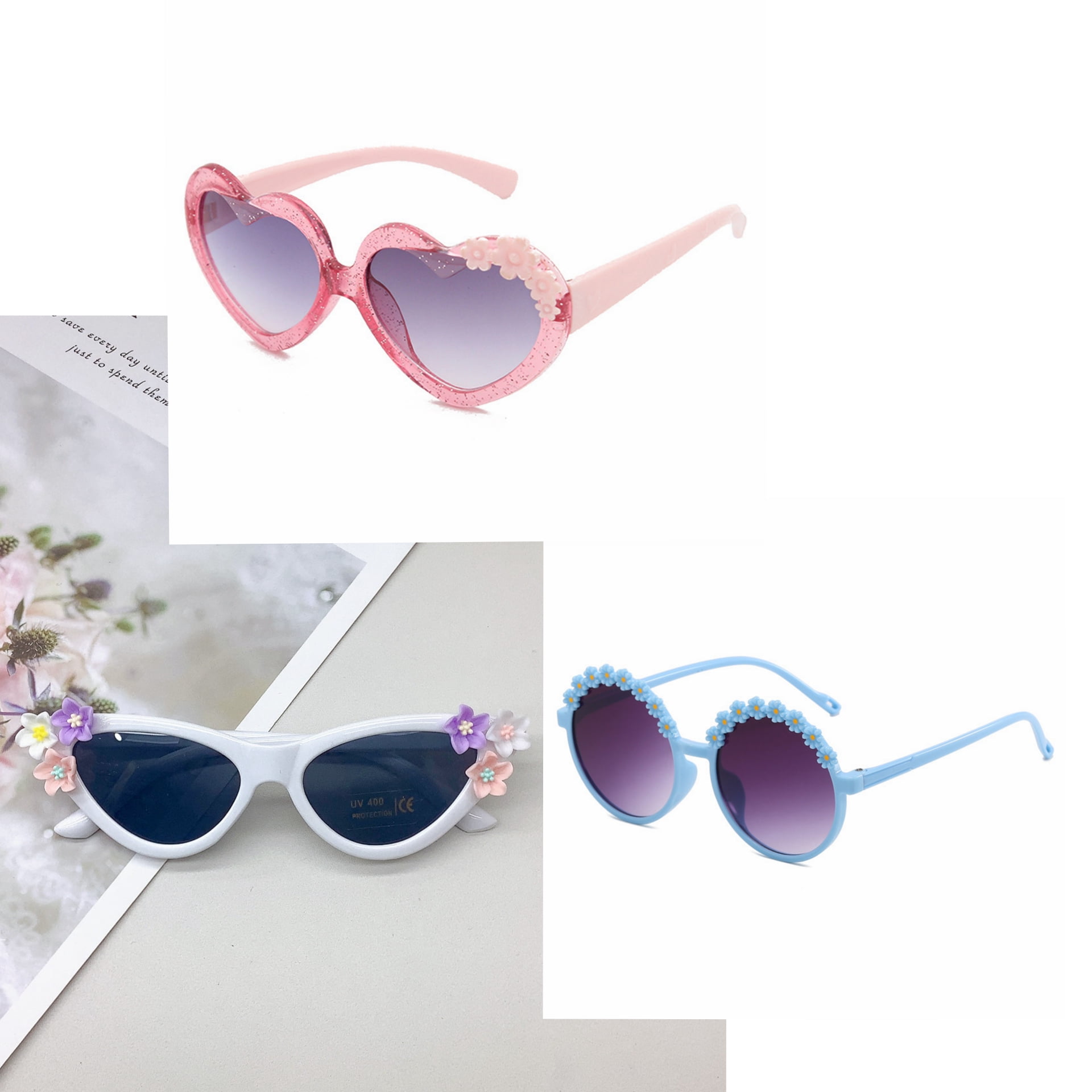 3 Pack Kids Sunglasses Stylish Cute Heart Shaped Round Cat Eye ...