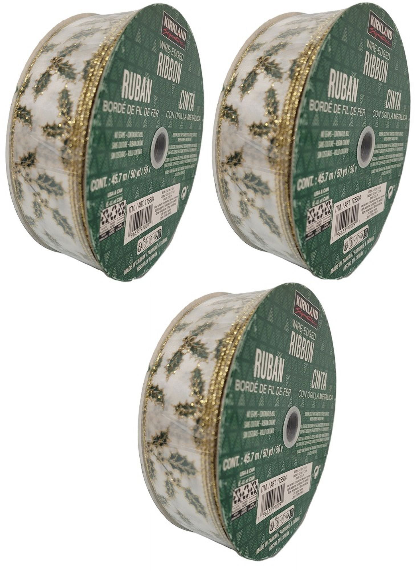 3-Pack Kirkland Wire Edged Ivory Ribbon with Green Holly Leaves 50 ...