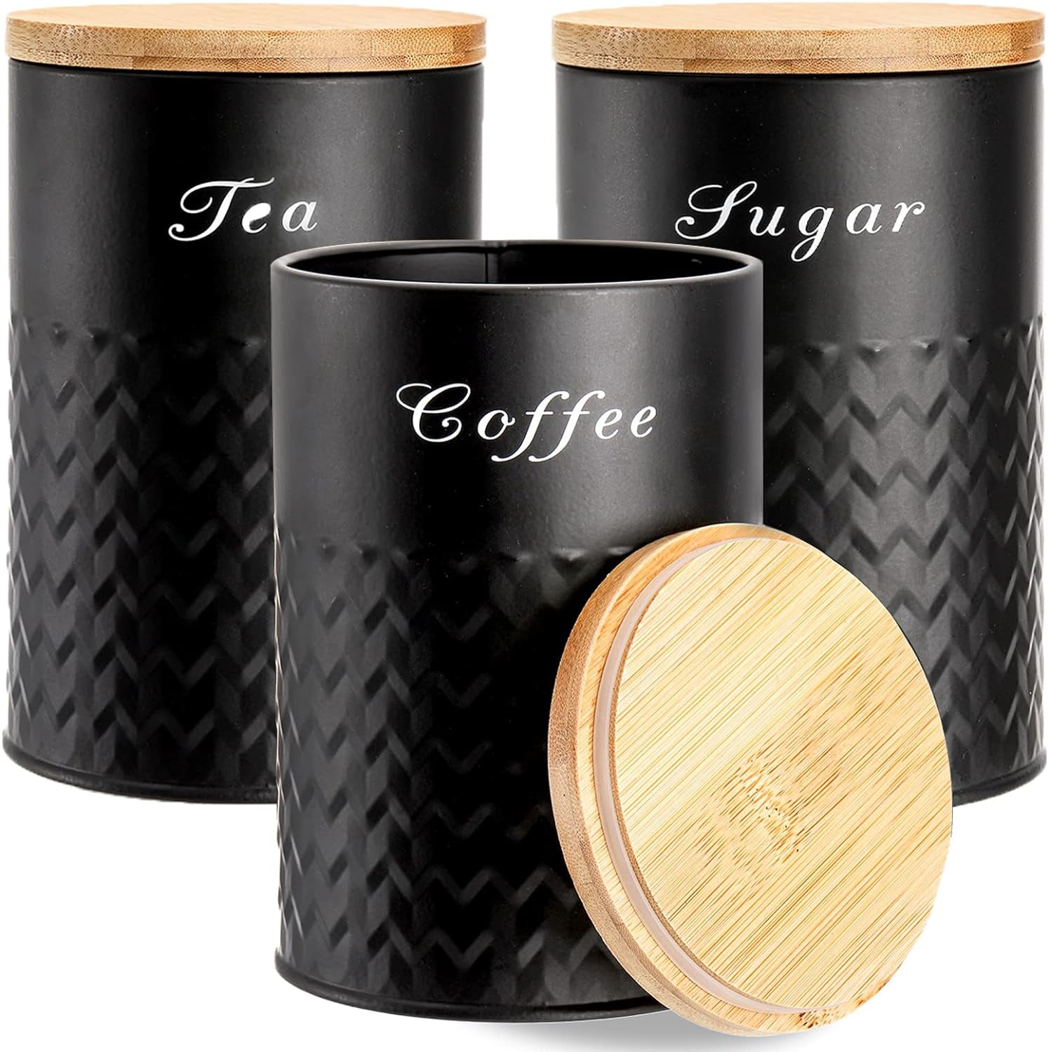 3 Pack Kitchen Canisters with Bamboo Lids, Airtight Metal Canister Set ...