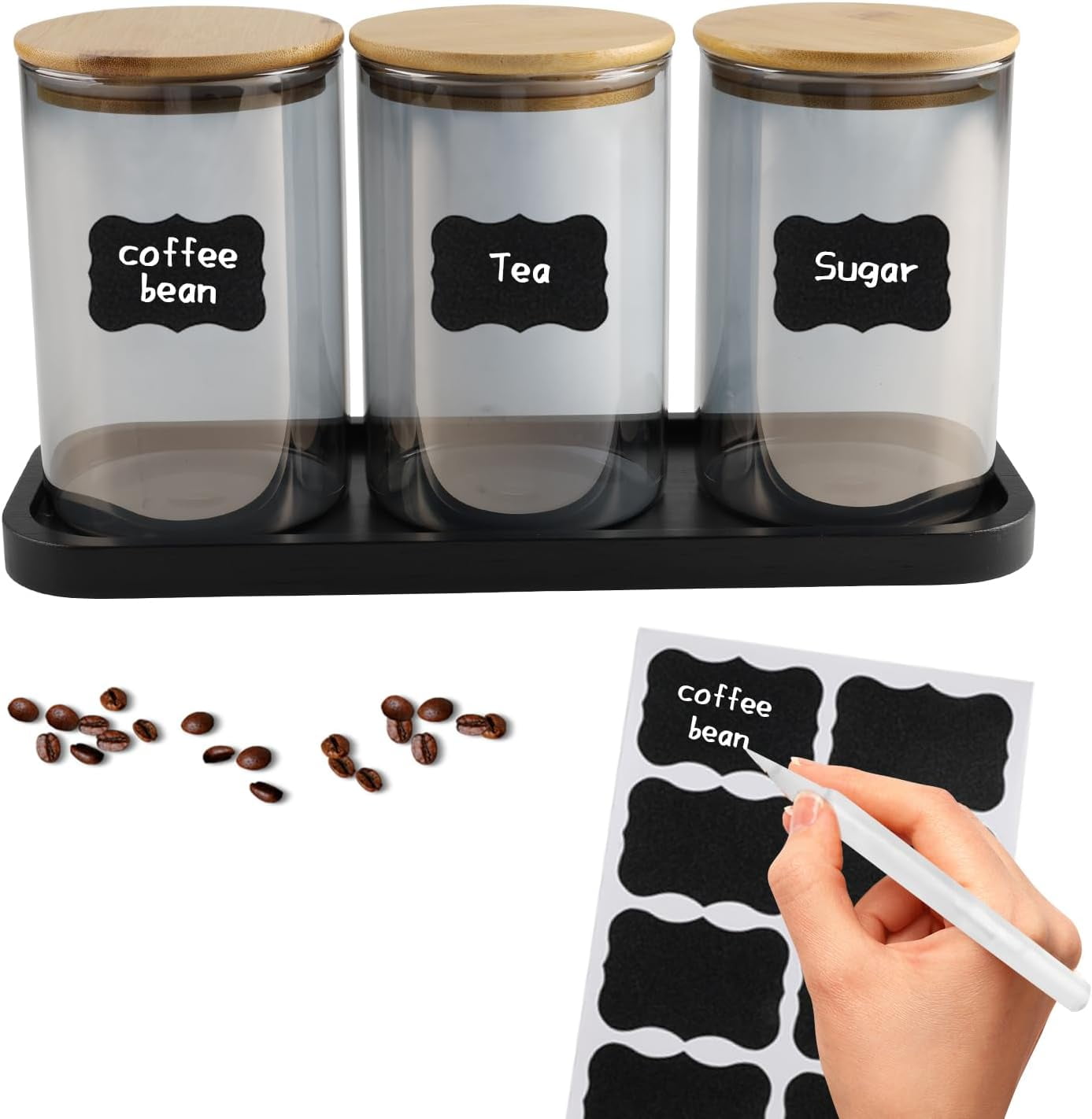 3 Pack Kitchen Canisters with Bamboo Lids and Tray, Airtight Glass ...