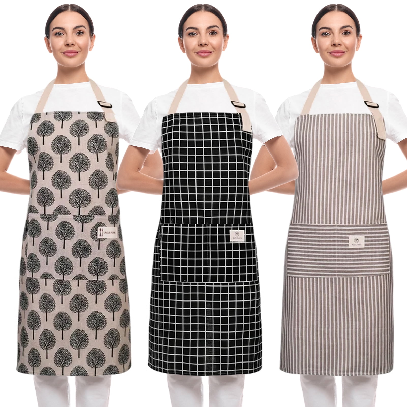 3 Pack Kitchen Cooking Aprons, Cotton Polyester Apron with 2 Pockets ...