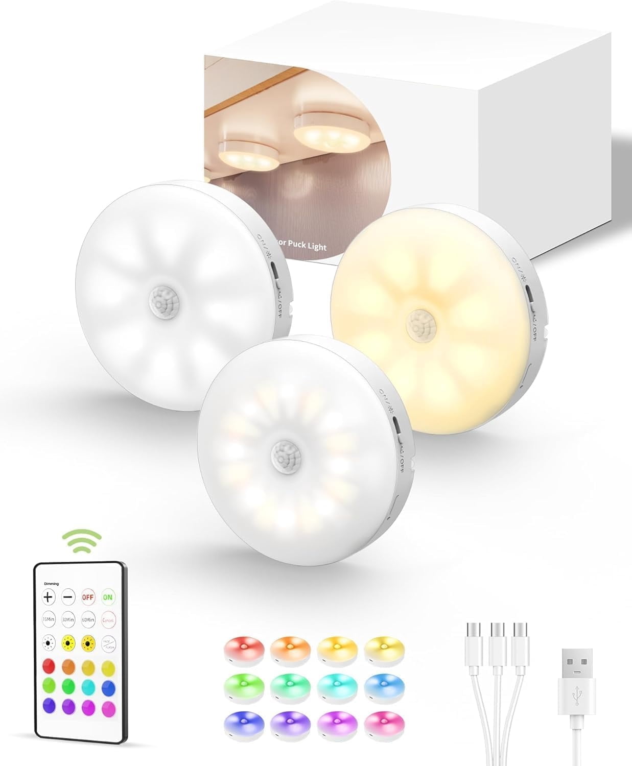 3 Pack LED Under Cabinet Puck Lights, 1000mAh Rechargeable Motion ...