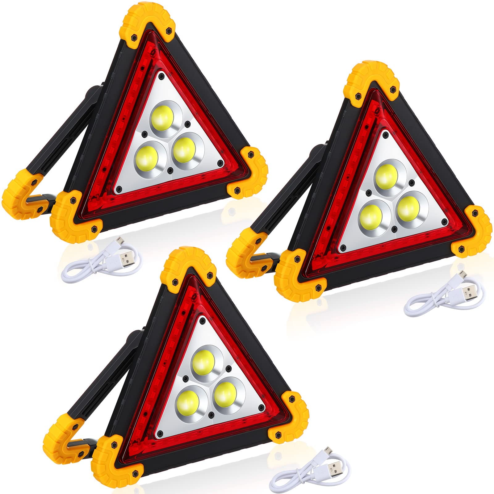 3 Pack LED Emergency Warning Triangle Rechargeable Triangles Lights LED ...