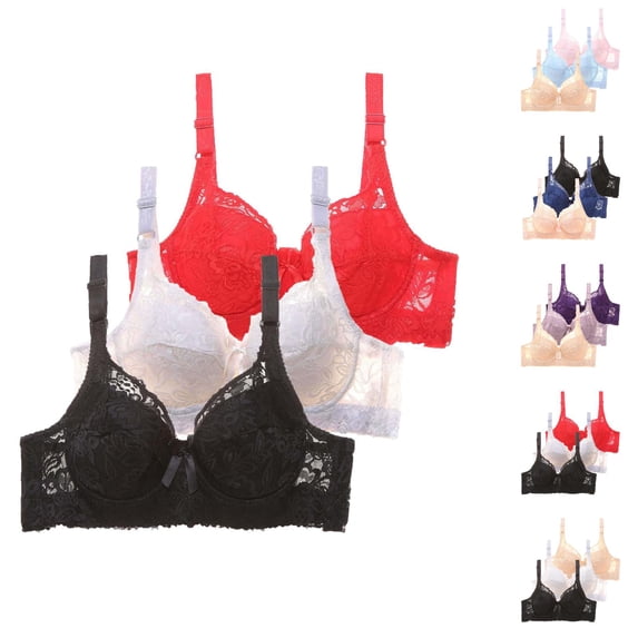 3 Pack Lace Bras for Women Adjustable Strap Racerback Underwire Push Up ...