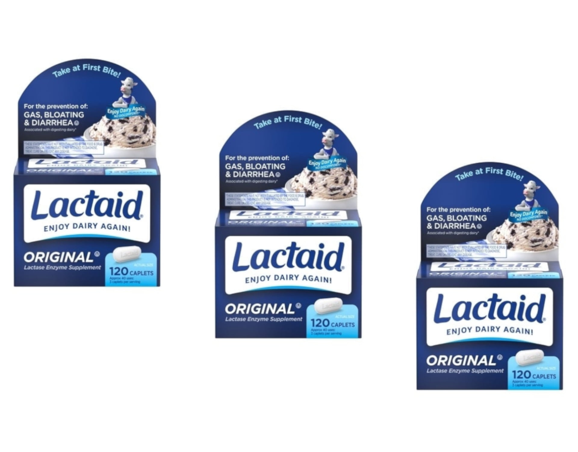 3 Pack Lactaid Caplets Lactase Enzyme Supplement, 120 Count each ...