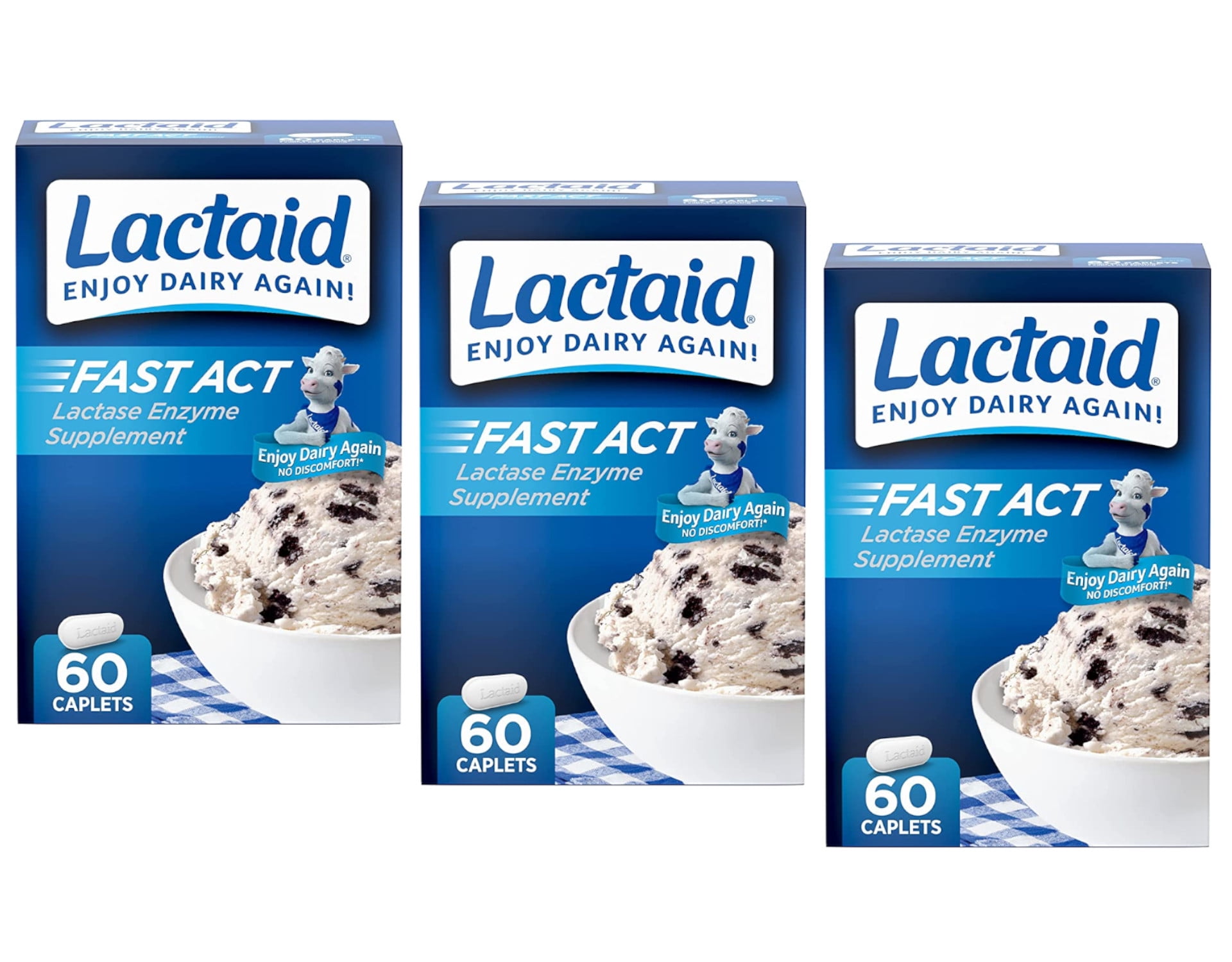 3 Pack Lactaid Fast Act Lactase Enzyme Supplement 60 Caplets Each ...