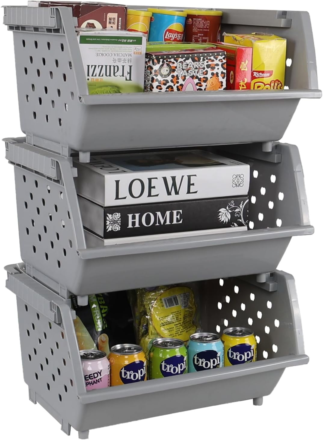 3 Pack Large Open Front Stacking Storage Bins, Plastic Stackable Basket ...