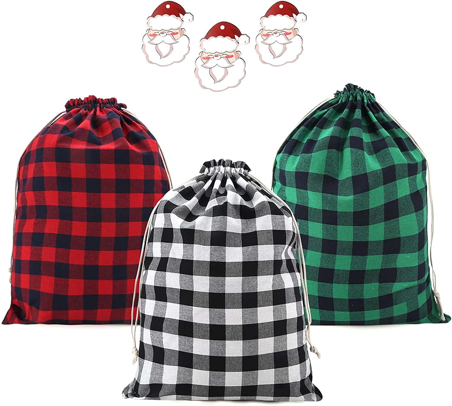 3 Pack Large Plaid Santa Fabric Christmas Bags with Drawstring and Tags ...