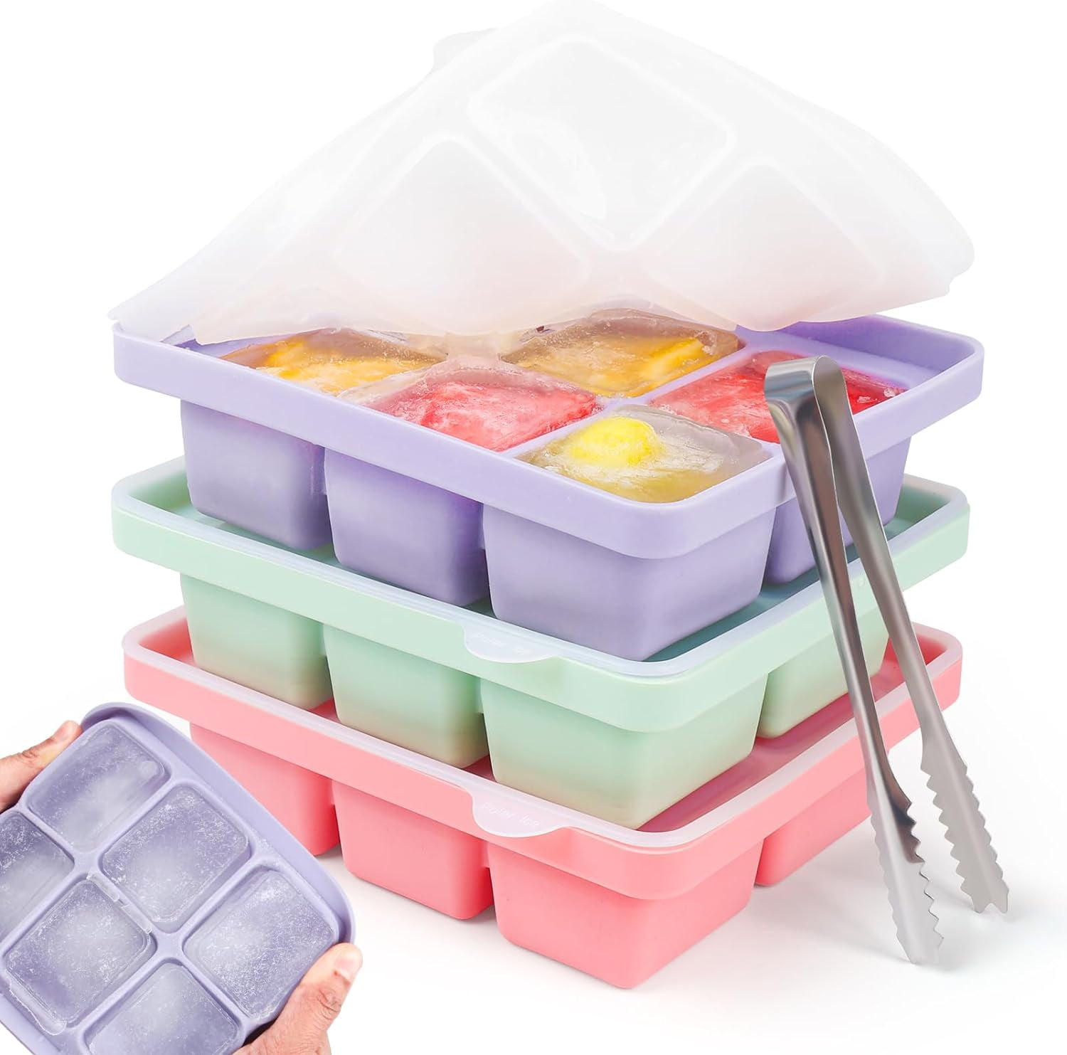 3 Pack Large Silicone Ice Cube Tray with Lid, 6 Cubes Ice Cube Molds ...