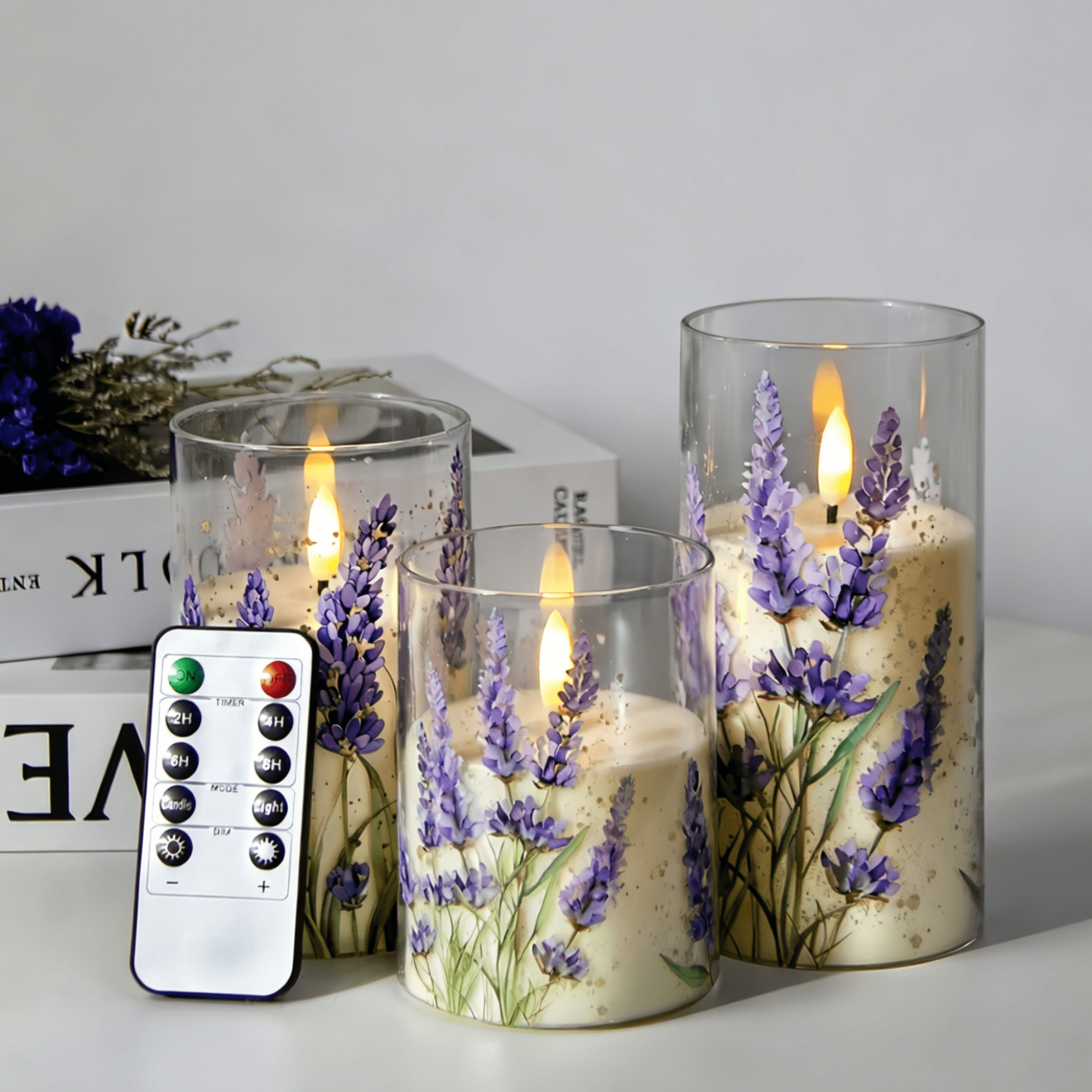 Goyuon 3 Pack Lavender Printed Flameless LED Candles with Remote, Timer ...