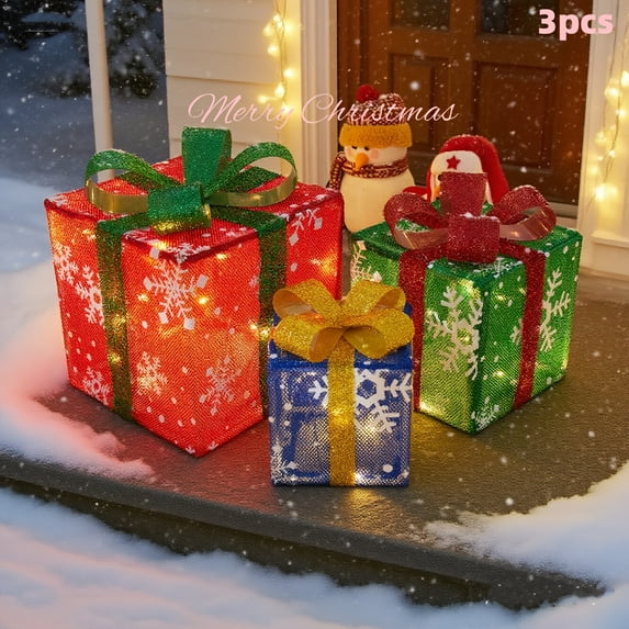 3-Pack Lighted Christmas Gift Box Set - Warm LED Lights & Snowy Ribbon ...