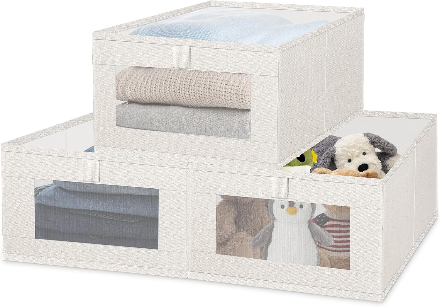 3 Pack Linen Storage Bins with Clear Window, Fabric Closet Organizer ...