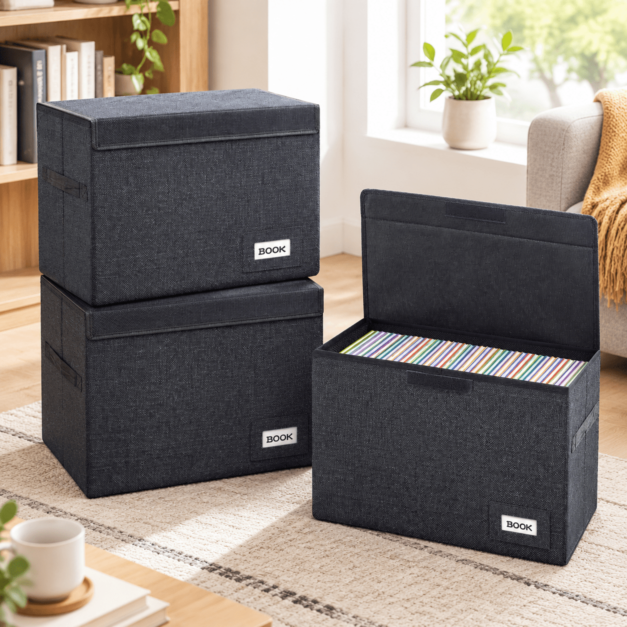 3 Pack Linen and PVC Stackable Collapsible Comic Book Storage Boxes ...