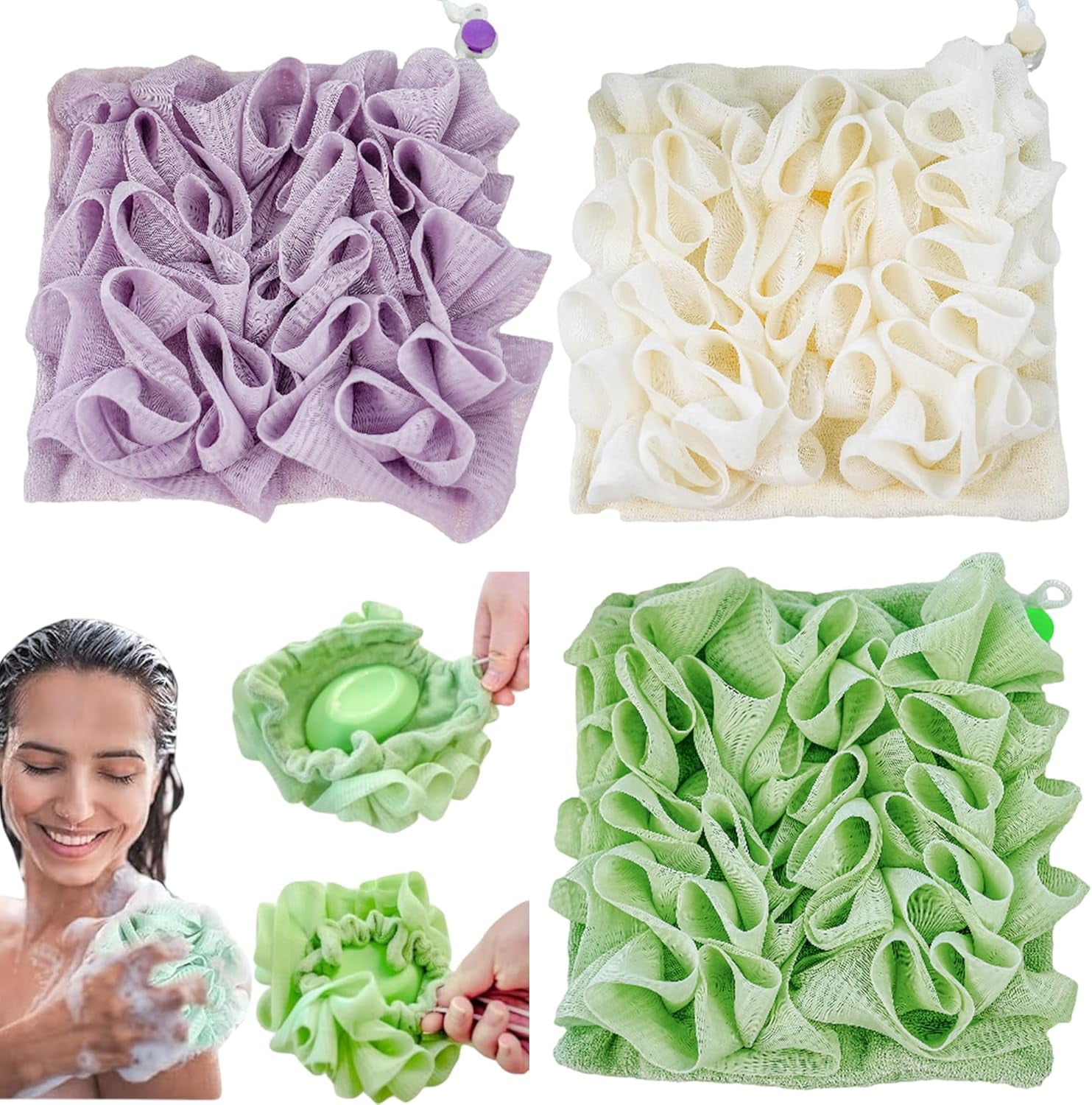 3-Pack Loofah Wash Cloth Combo: 2 in 1 Shower Pouf with Bar Soap Pocket ...