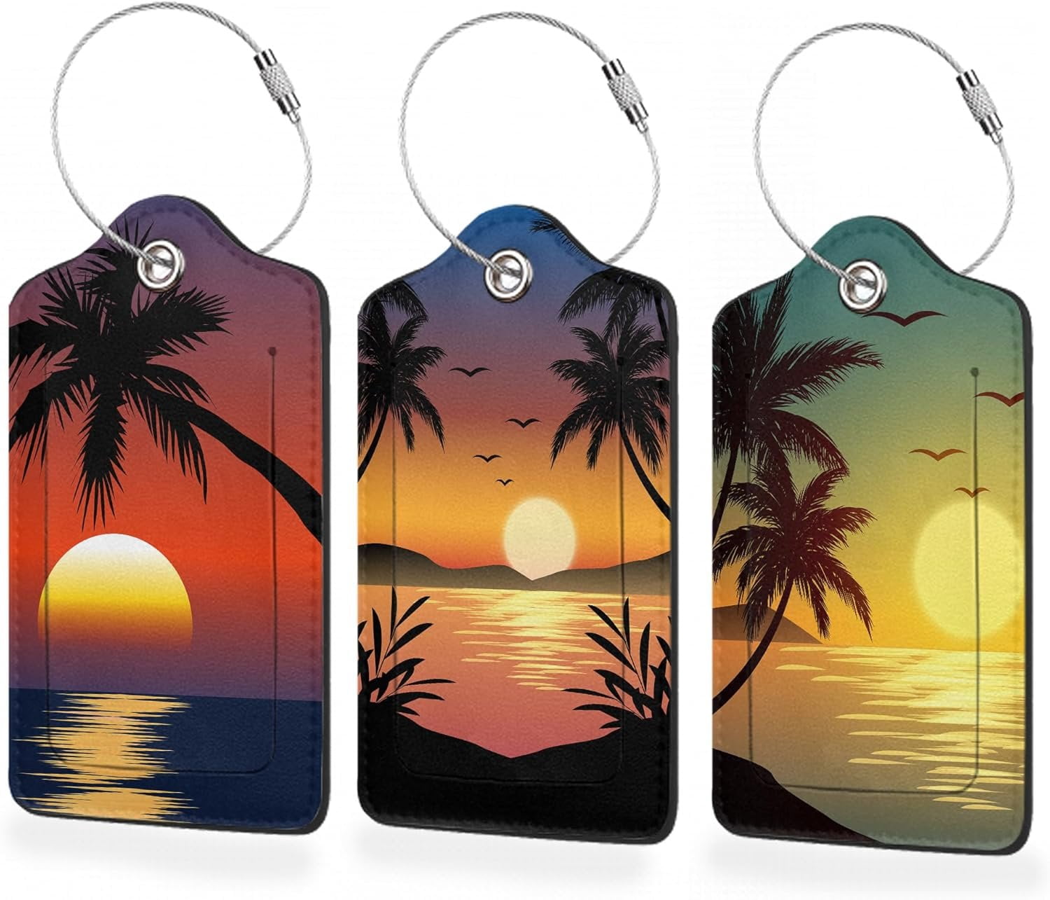 3 Pack Luggage Tags,Tropical Palm Sunset Sea Beach PU Leather Luggage ...