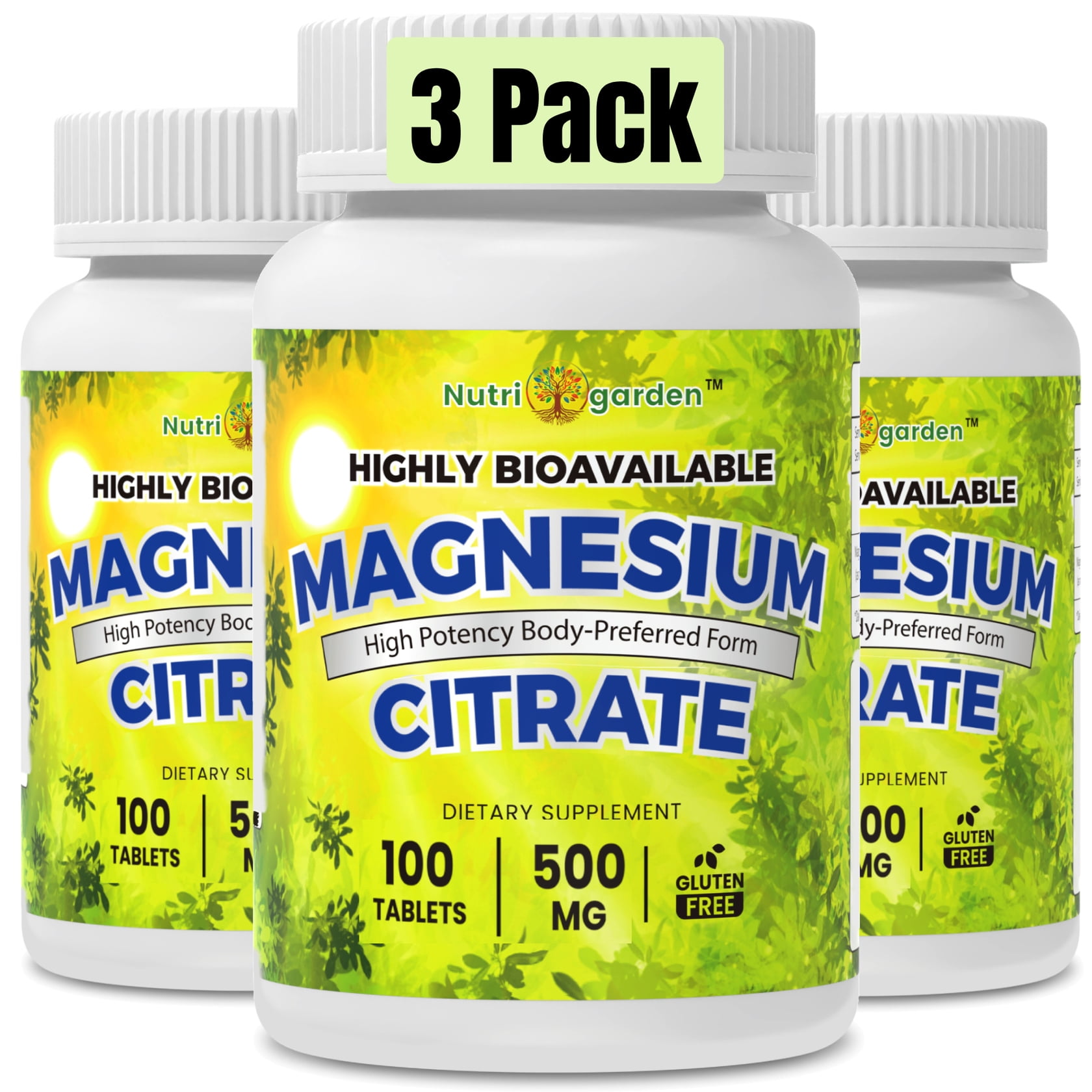 3 Pack Magnesium Citrate 500mg, 100 Veggie Tablets，Gluten Free ...