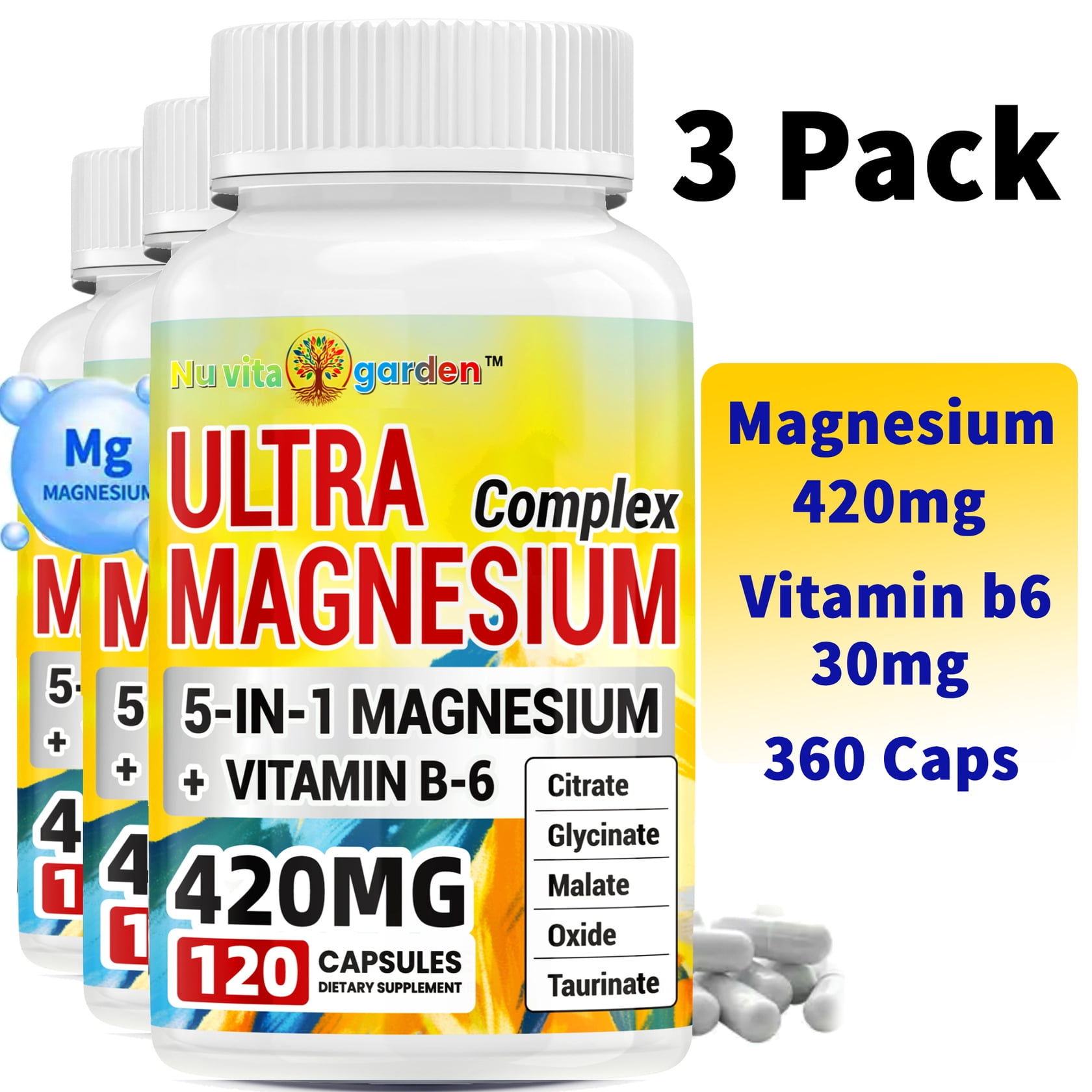 (3 Pack) Magnesium Complex Supplement 420mg & Vitamin B6 High ...