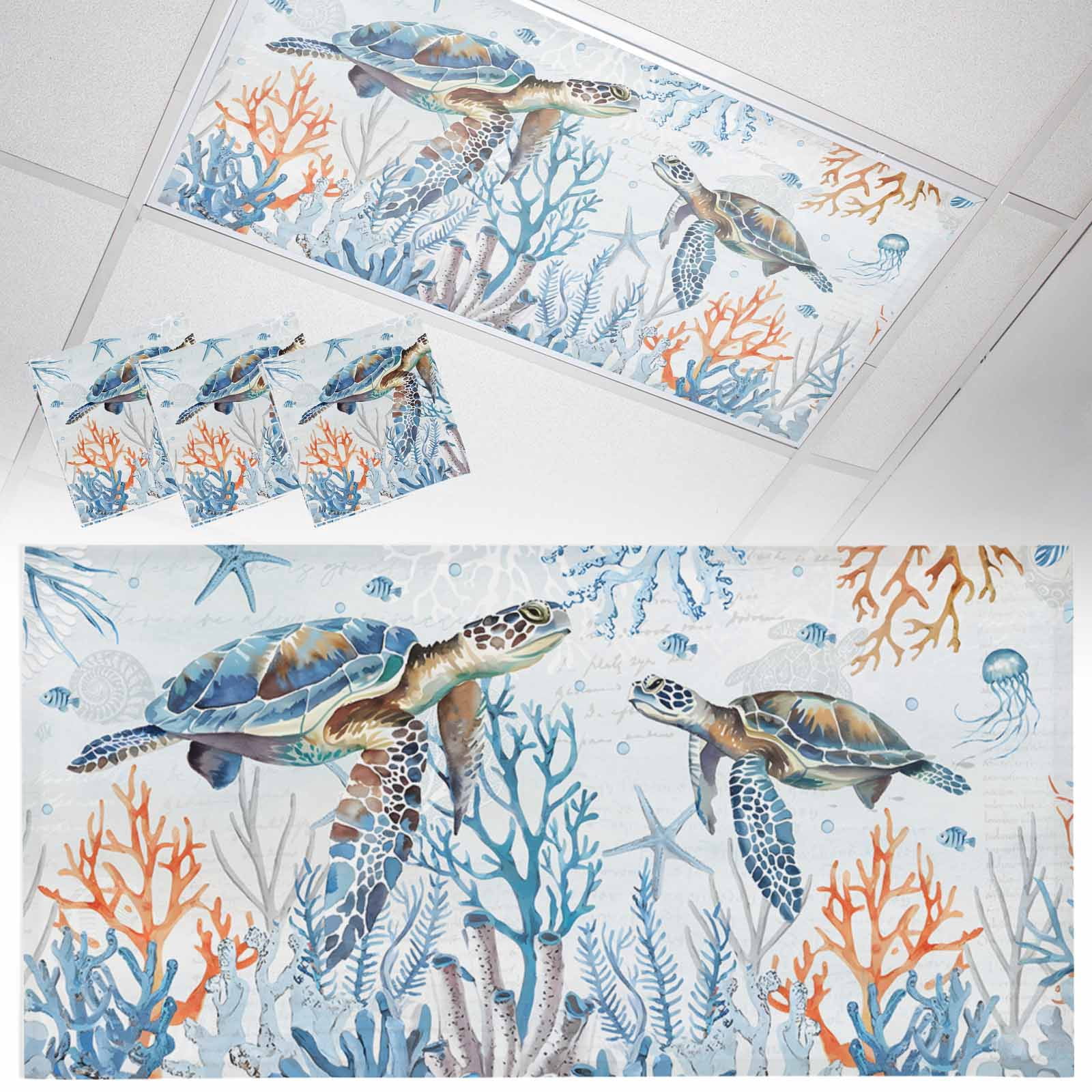 3 Pack Magnetic Fluorescent Light Covers, 2x4 Ft,Sea Turtle Seagrass ...