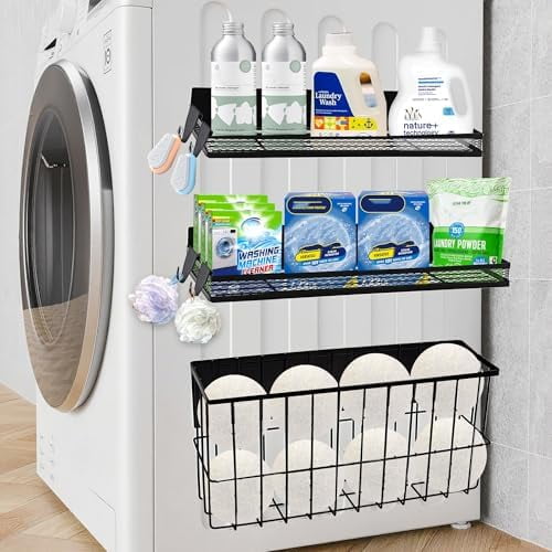 3 Pack Magnetic Shelves and Dryer Ball Holder with 4 Removable Hooks ...