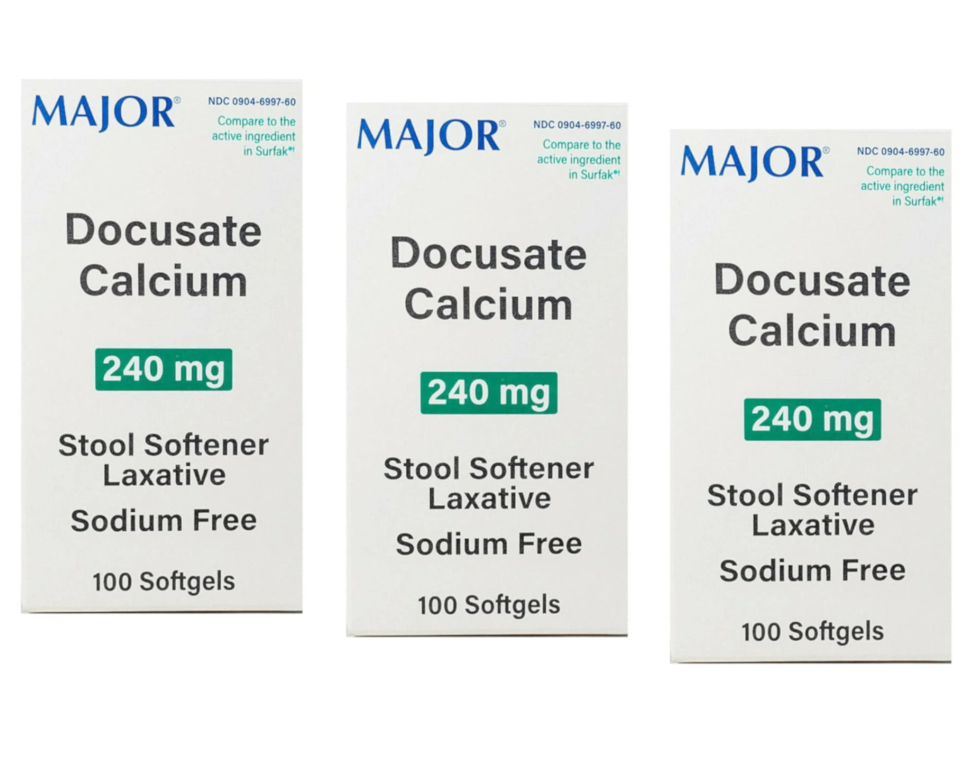 Major Brand 3-Pack Docusate Calcium 240mg, Sodium Free Stool Softener ...