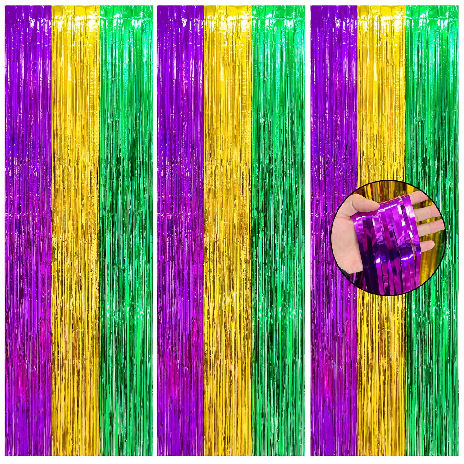 3 Pack Mardi Gras Metallic Foil Fringe Curtain Backdrop, 3.3ft x 8.03ft Purple Green Gold Tinsel ...