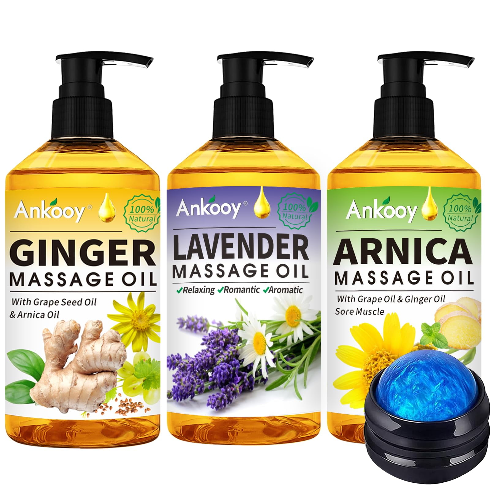 3 Pack Massage Oil for Massage Therapy with Massage Roller Ball,Ginger Oil Lymphatic Drainage ...
