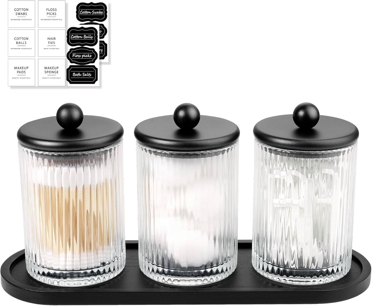 3-Pack Matte Black Glass Apothecary Jars with Bamboo Tray - Modern ...