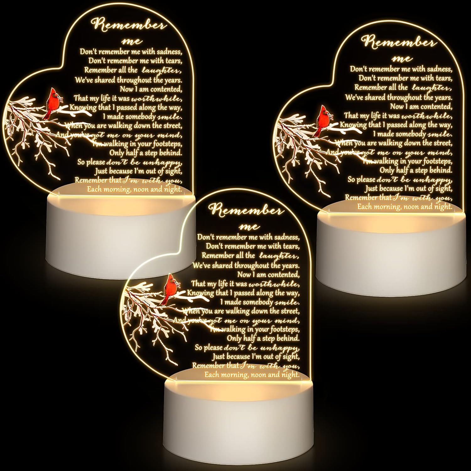 3 Pack Memorial Gifts Night Light Remember Me Acrylic Heart Sign with ...