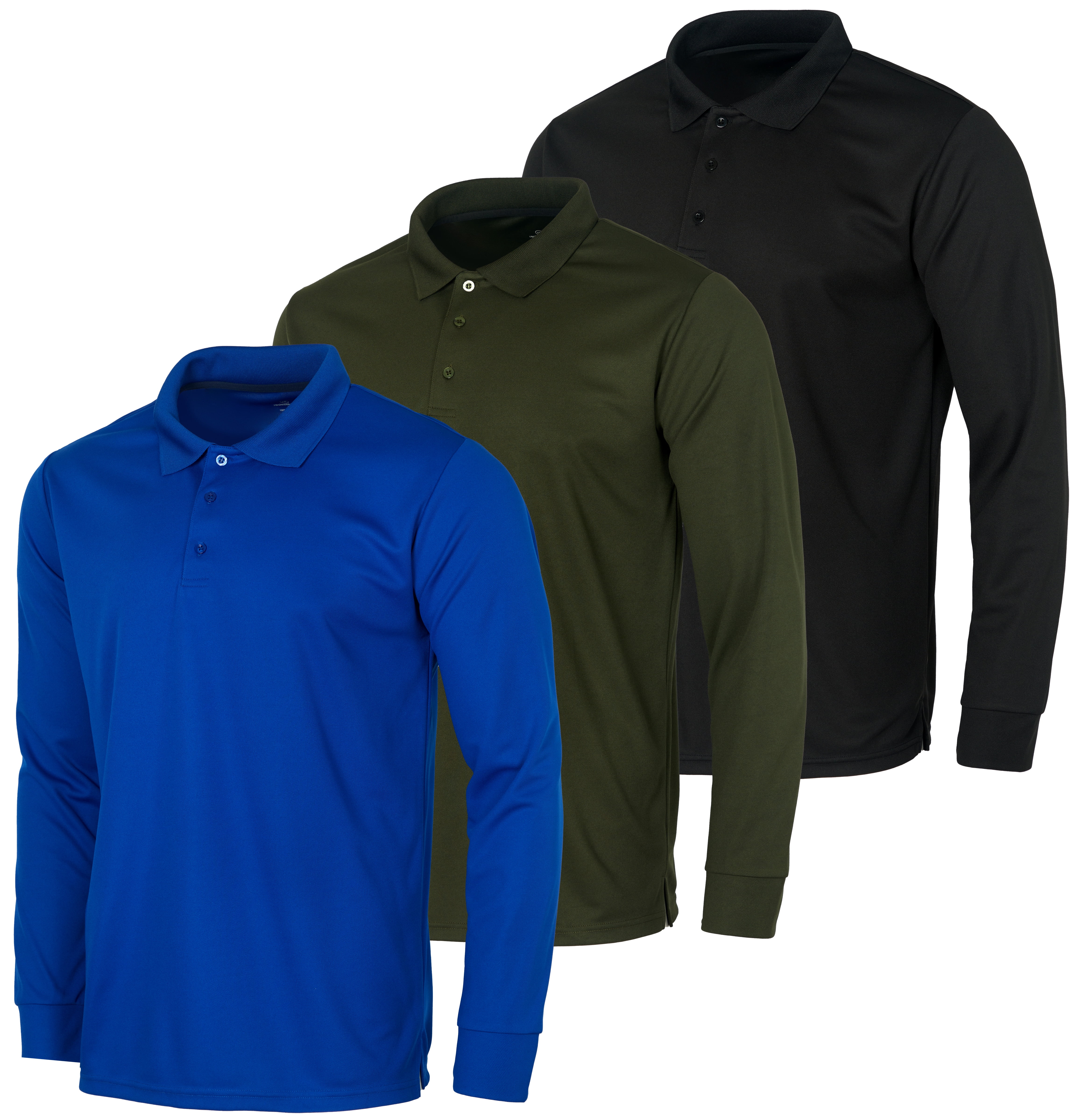 3 Pack Men's Dry-Fit Long-Sleeve Active Polo Shirt - Casual Performance ...