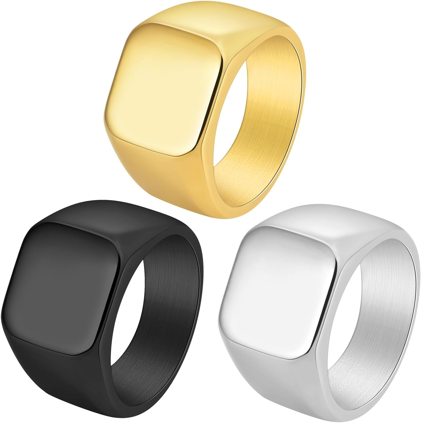 3 Pack Men's Stainless Steel Square Signet Rings (Black/Silver/Gold ...
