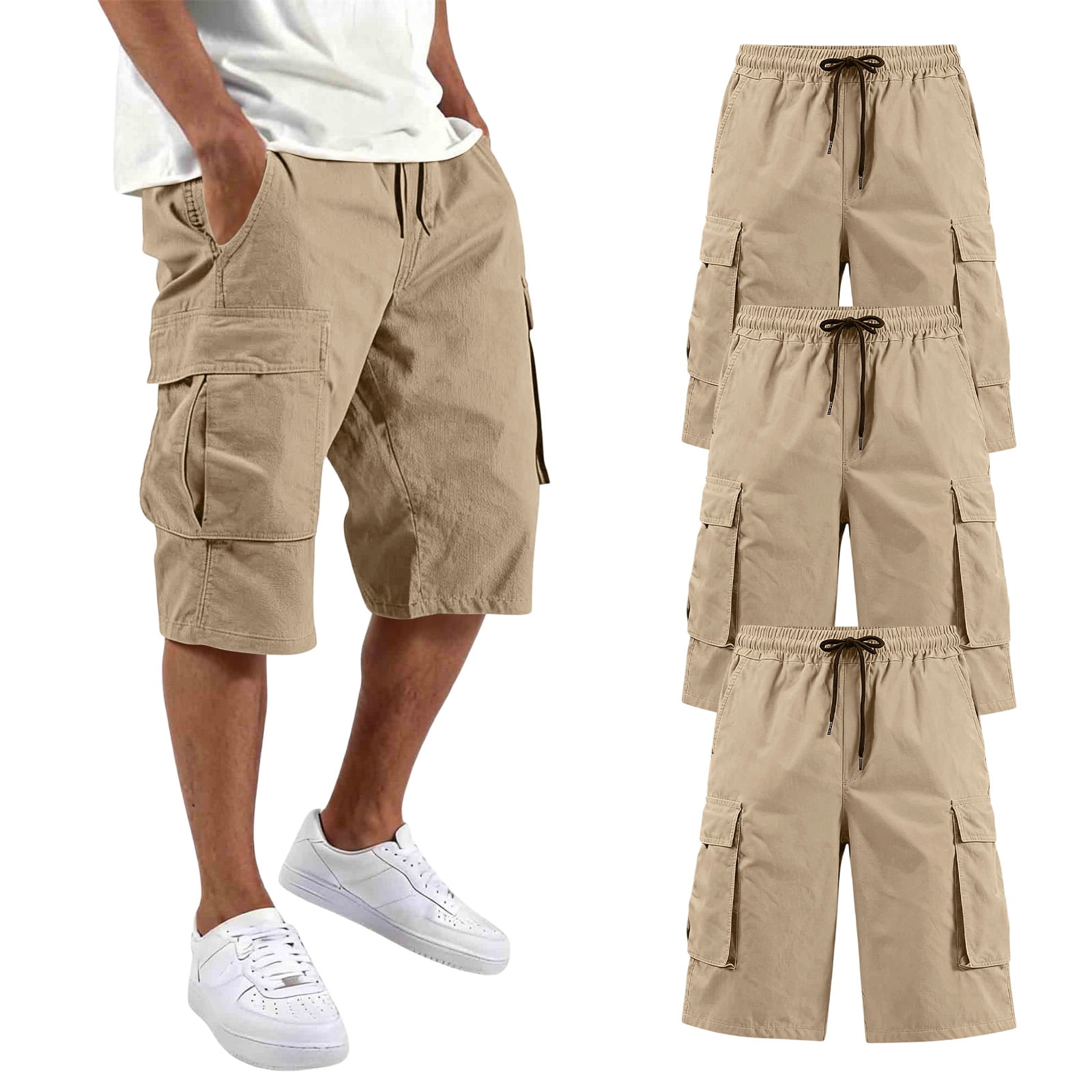 3-Pack：Mens Cargo Cotton Twill Cargo Shorts Drawstring Stretch Elastic ...