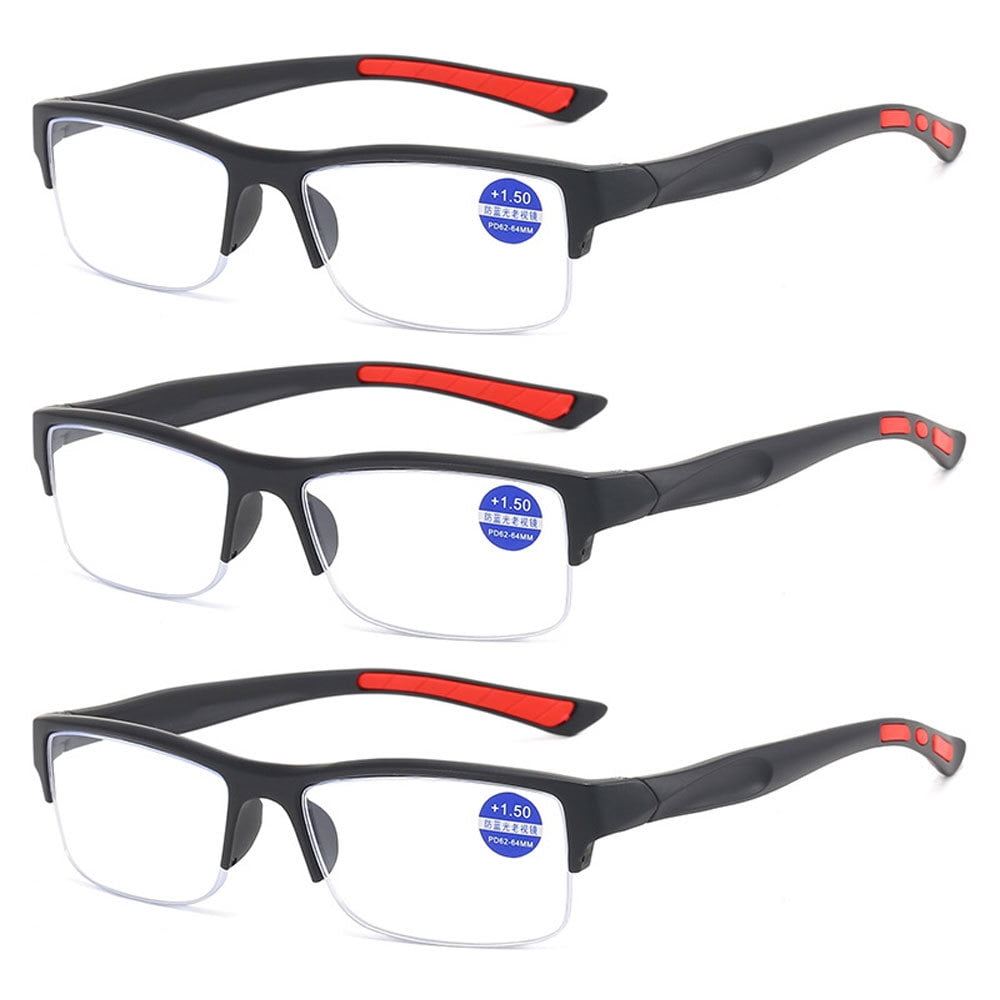 3 Pack Mens Half Rimless Sport Reading Glasses +2.0, Black Plastic ...
