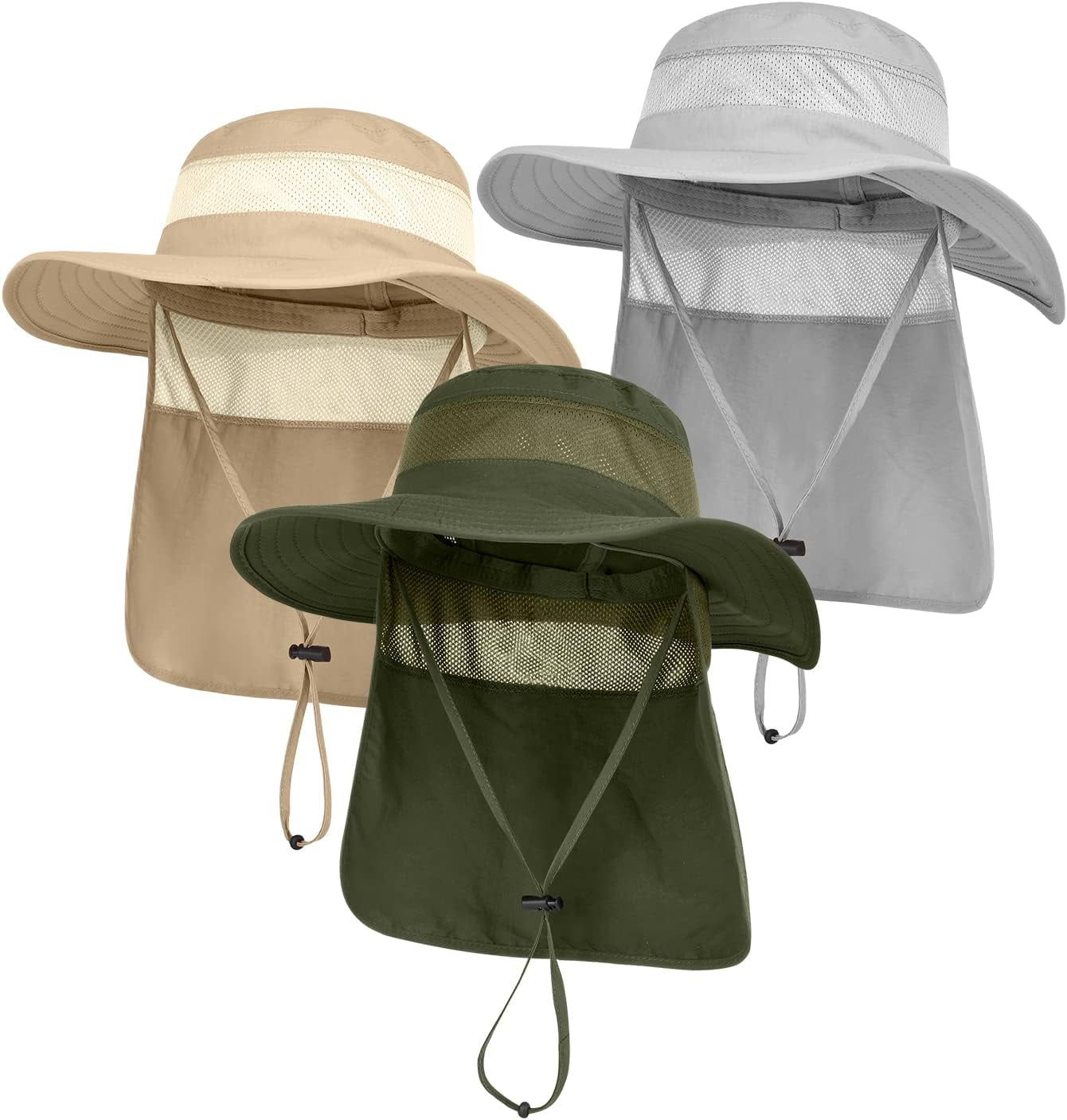 3 Pack Mens UPF 50+ Wide Brim Sun Hat with Neck Flap for Fishing Hiking ...