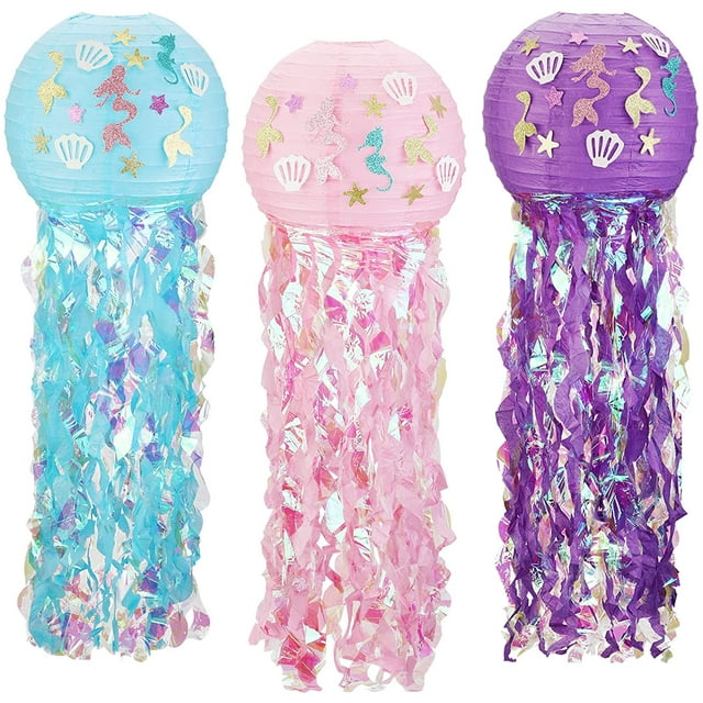 3 Pack Mermaid Hanging Jellyfish Paper Lanterns with Bright Strip and ...