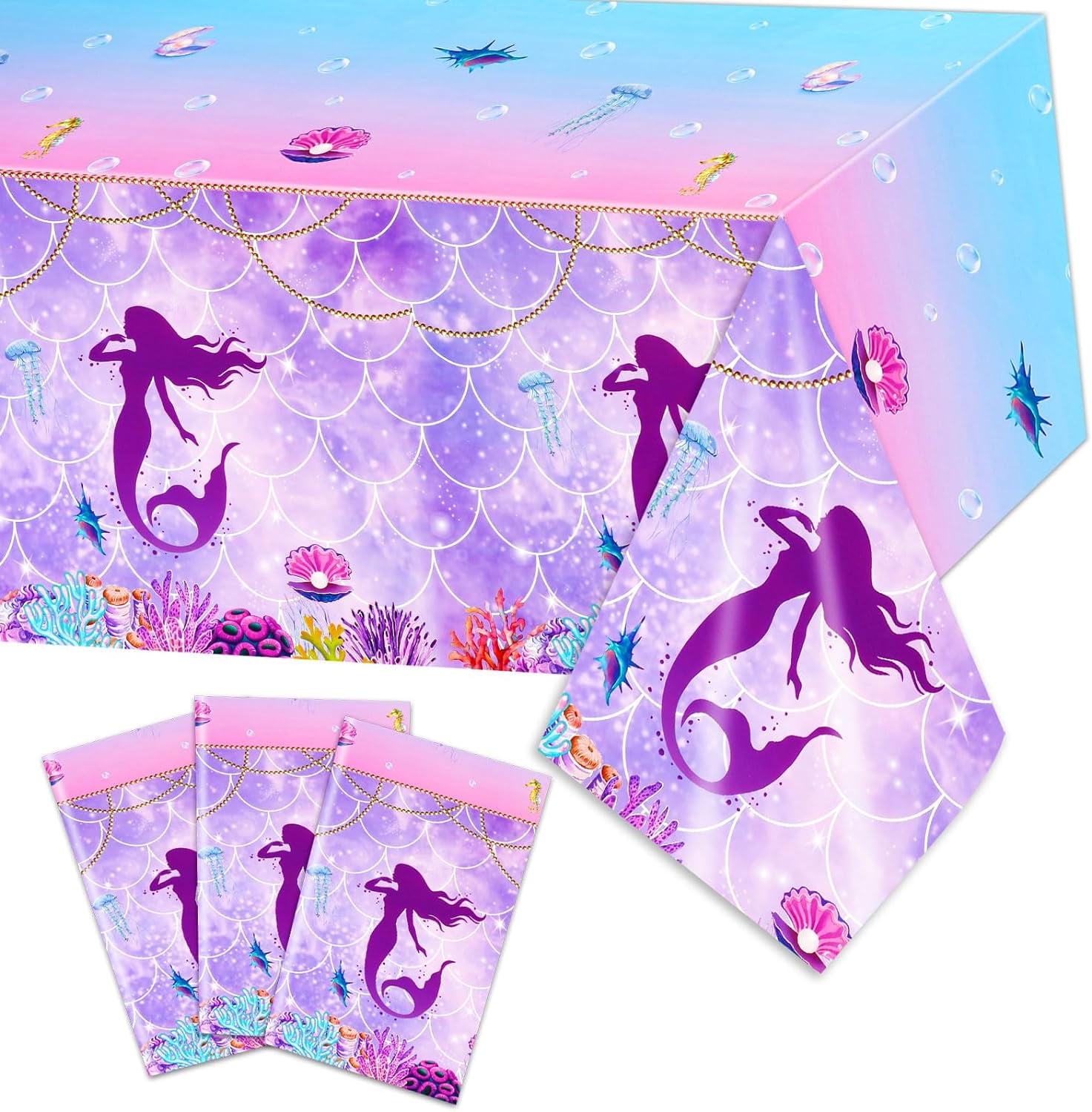 3 Pack Mermaid Tablecloth 108x54 in, Mermaid Party Plastic Table Covers ...