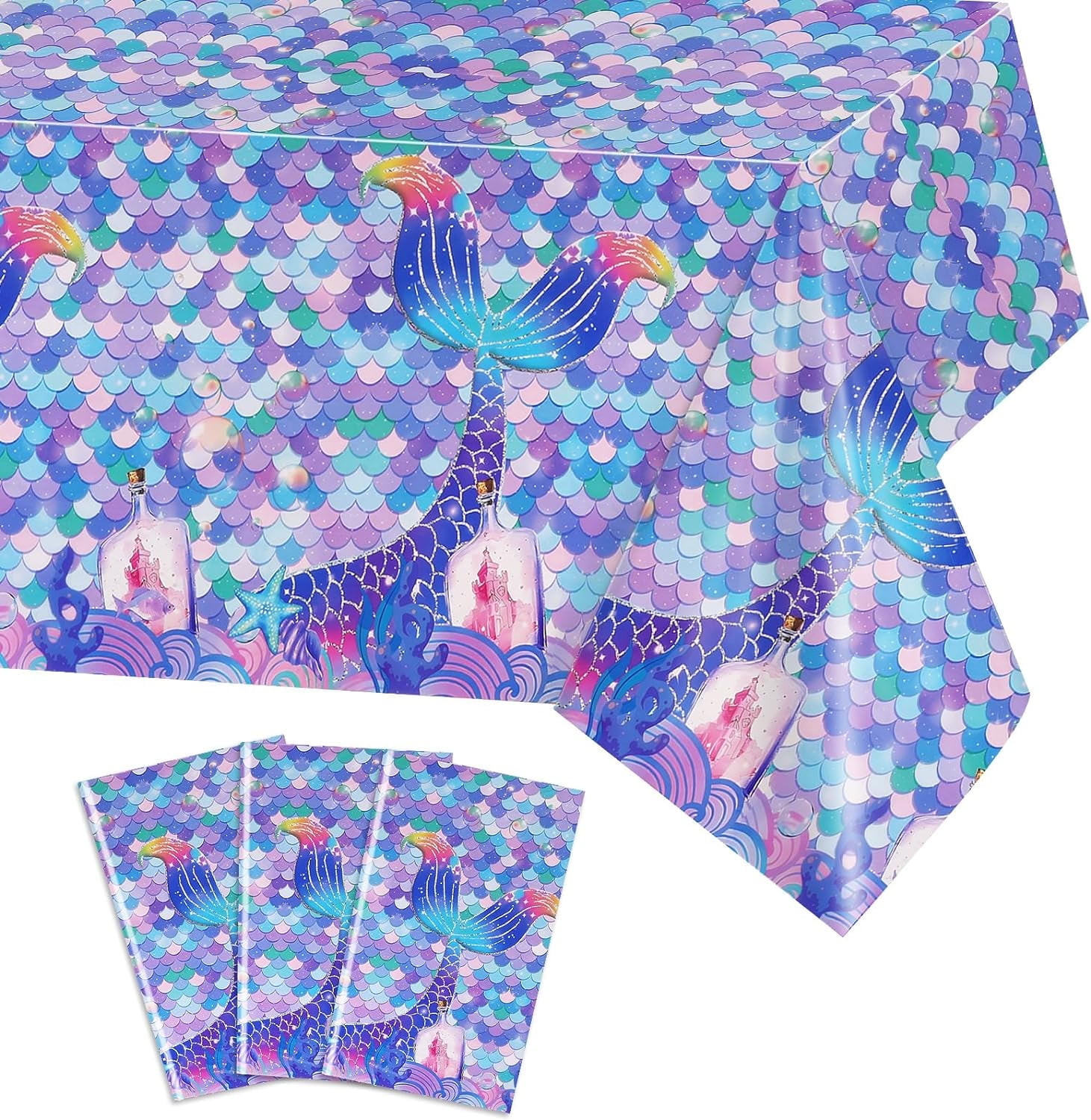 3 Pack Mermaid Tail Tablecloth 87x51in, Mermaid Party Plastic Table ...