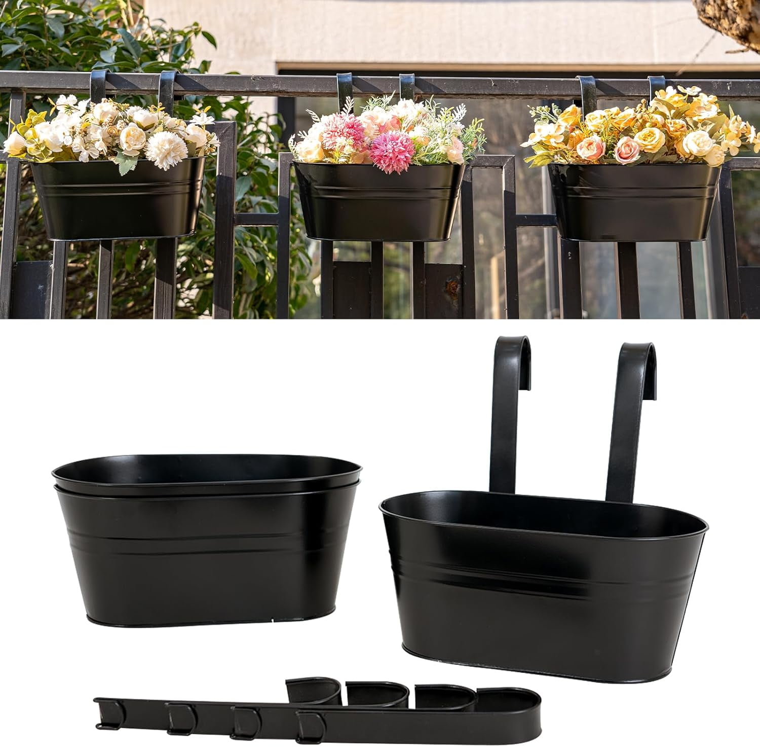 3 Pack Metal Hanging Flower Pots for Railing Fence，Outdoor Balcony Rail ...